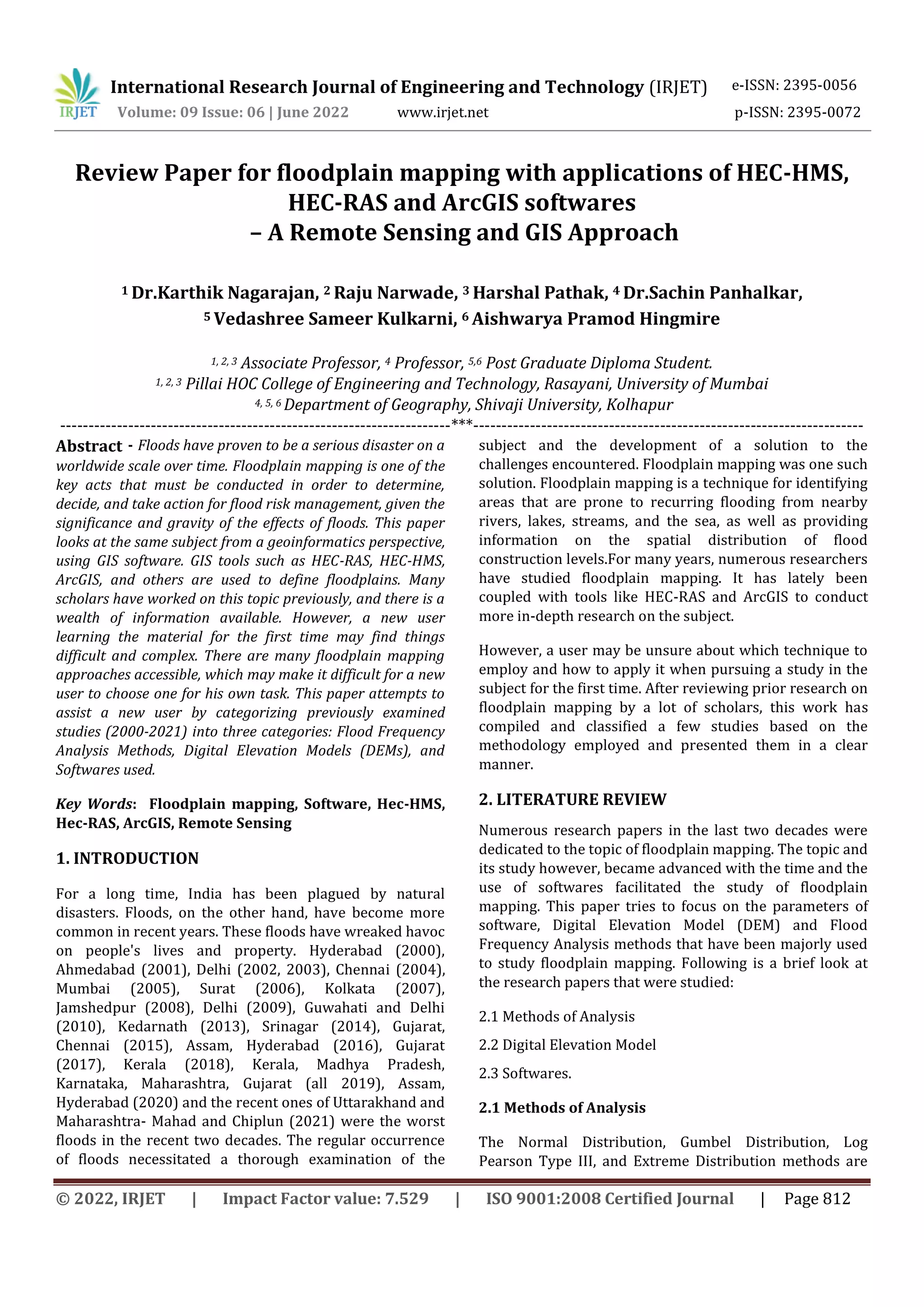 Review Paper for floodplain mapping with applications of HEC-HMS, HEC-RAS and ArcGIS softwares ...