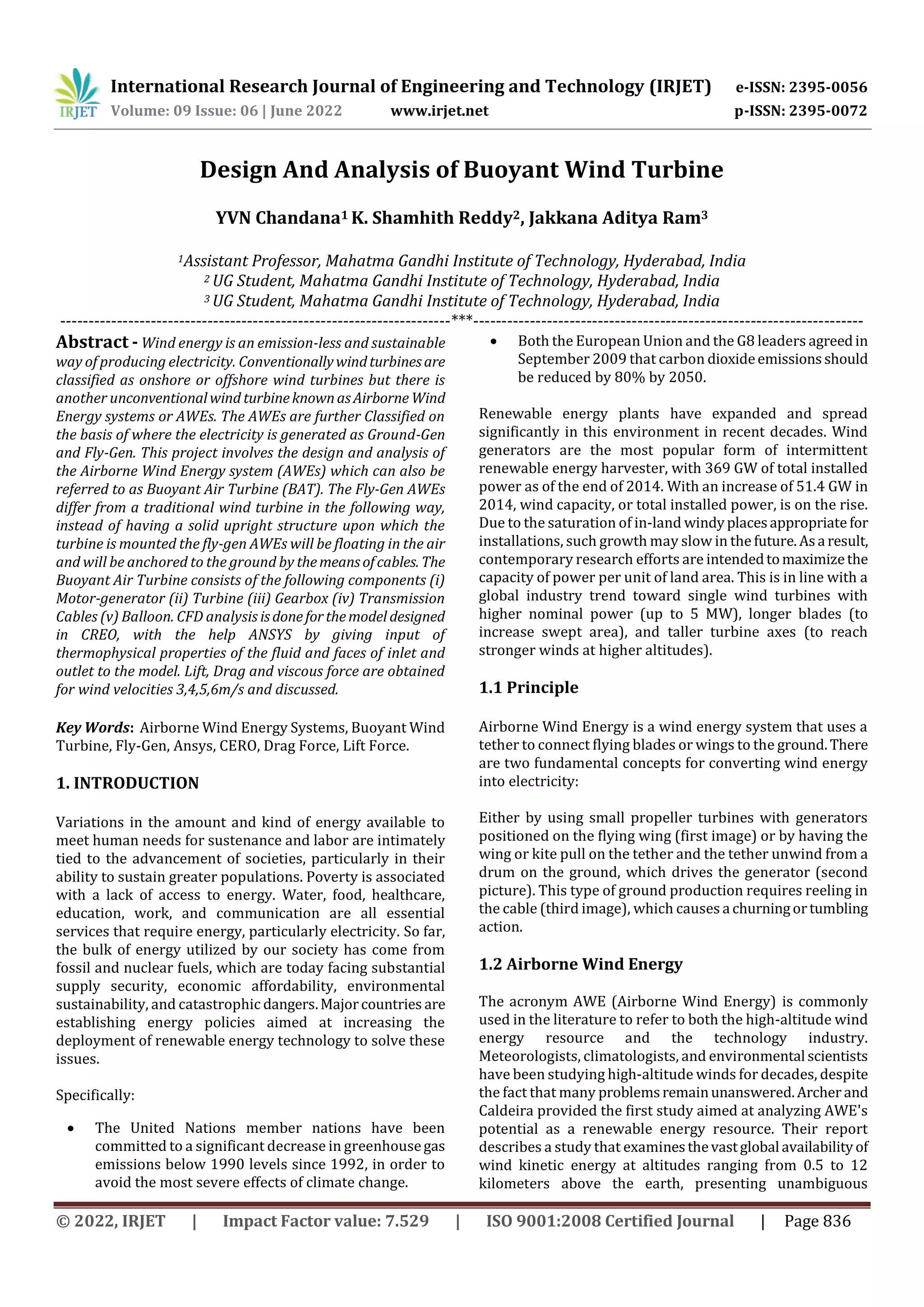 Design And Analysis of Buoyant Wind Turbine | PDF