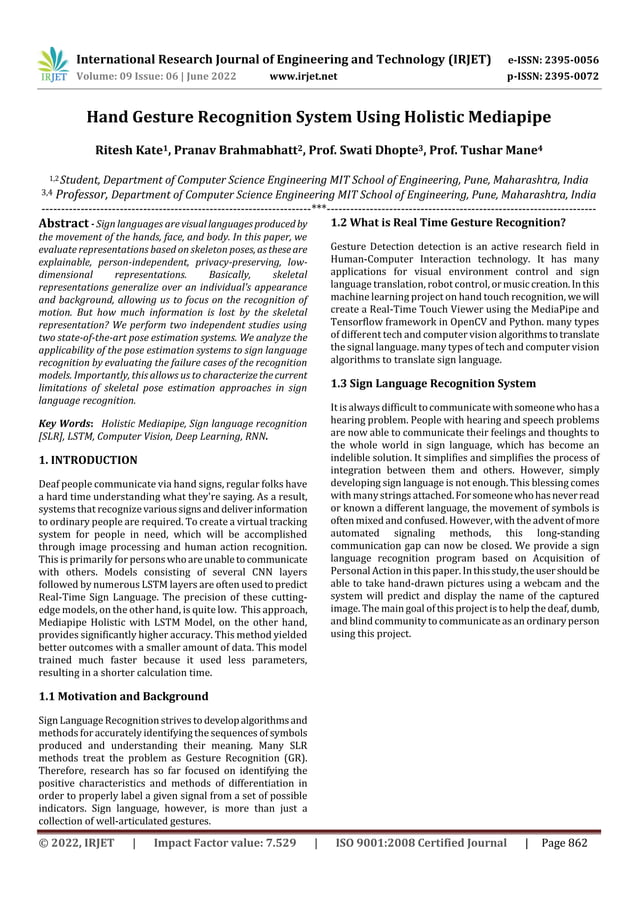 Hand Gesture Recognition System Using Holistic Mediapipe | PDF