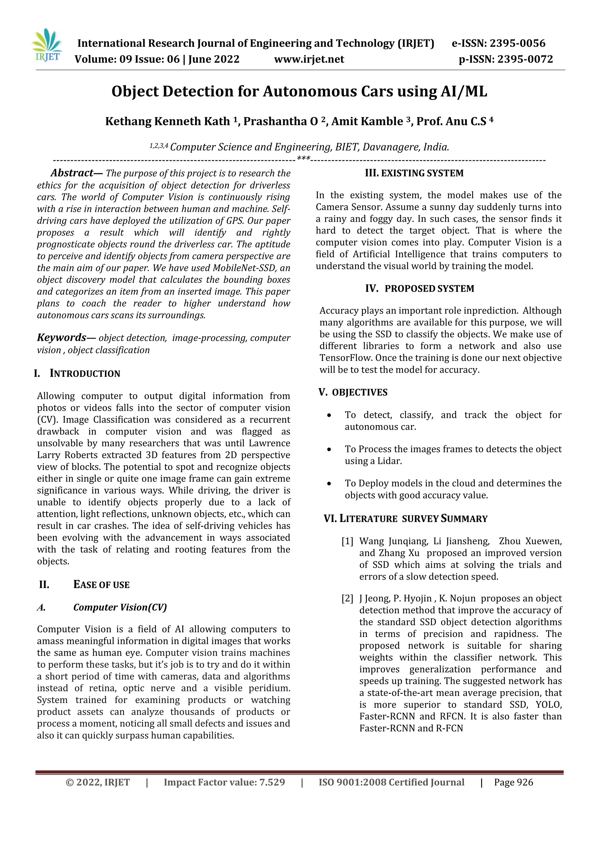 Object Detection for Autonomous Cars using AI/ML | PDF