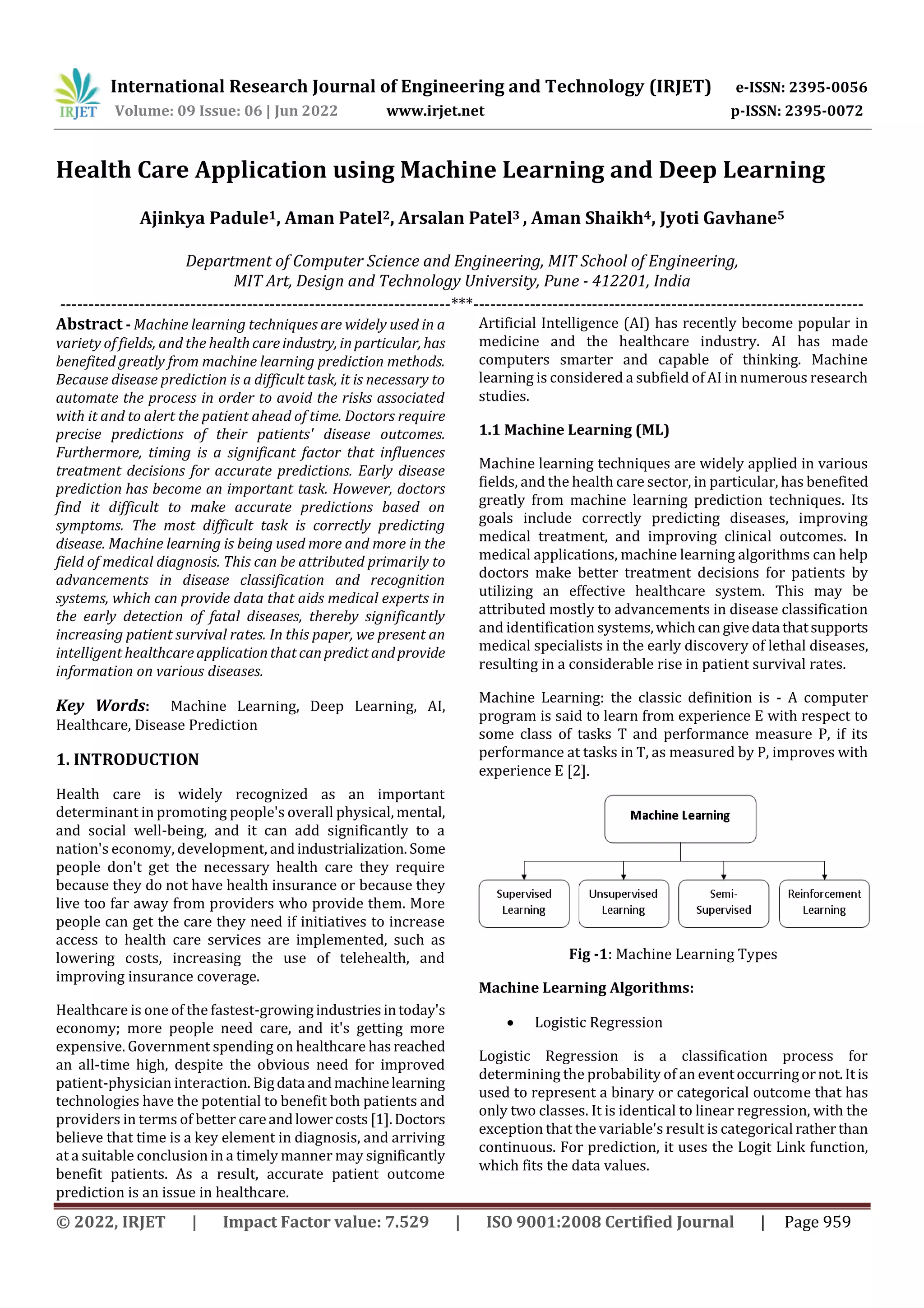 Health Care Application using Machine Learning and Deep Learning | PDF