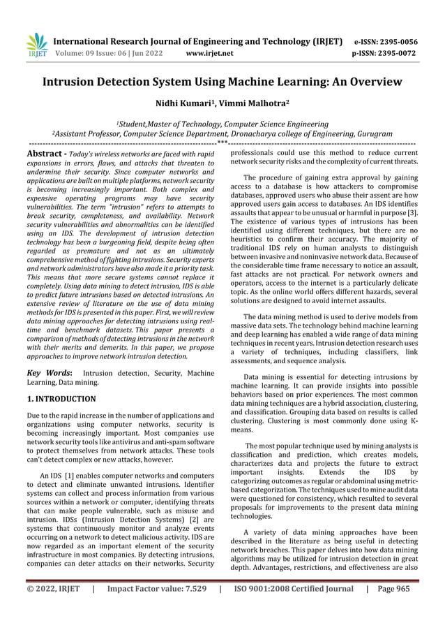 Intrusion Detection System Using Machine Learning: An Overview | PDF