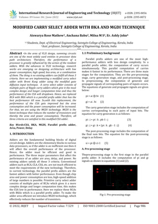 MODIFIED CARRY SELECT ADDER WITH BKA AND MGDI TECHNIQUE | PDF