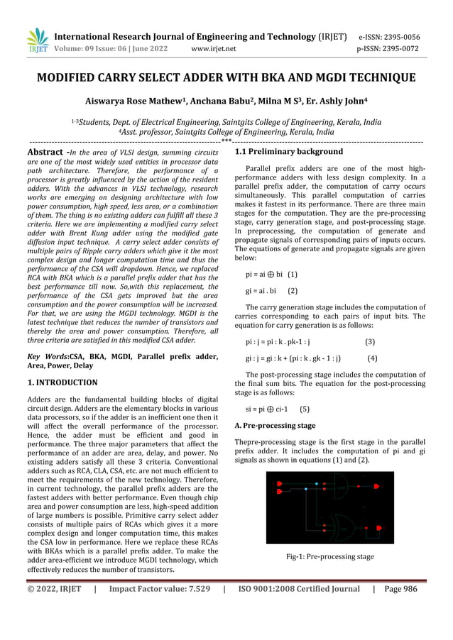 MODIFIED CARRY SELECT ADDER WITH BKA AND MGDI TECHNIQUE | PDF