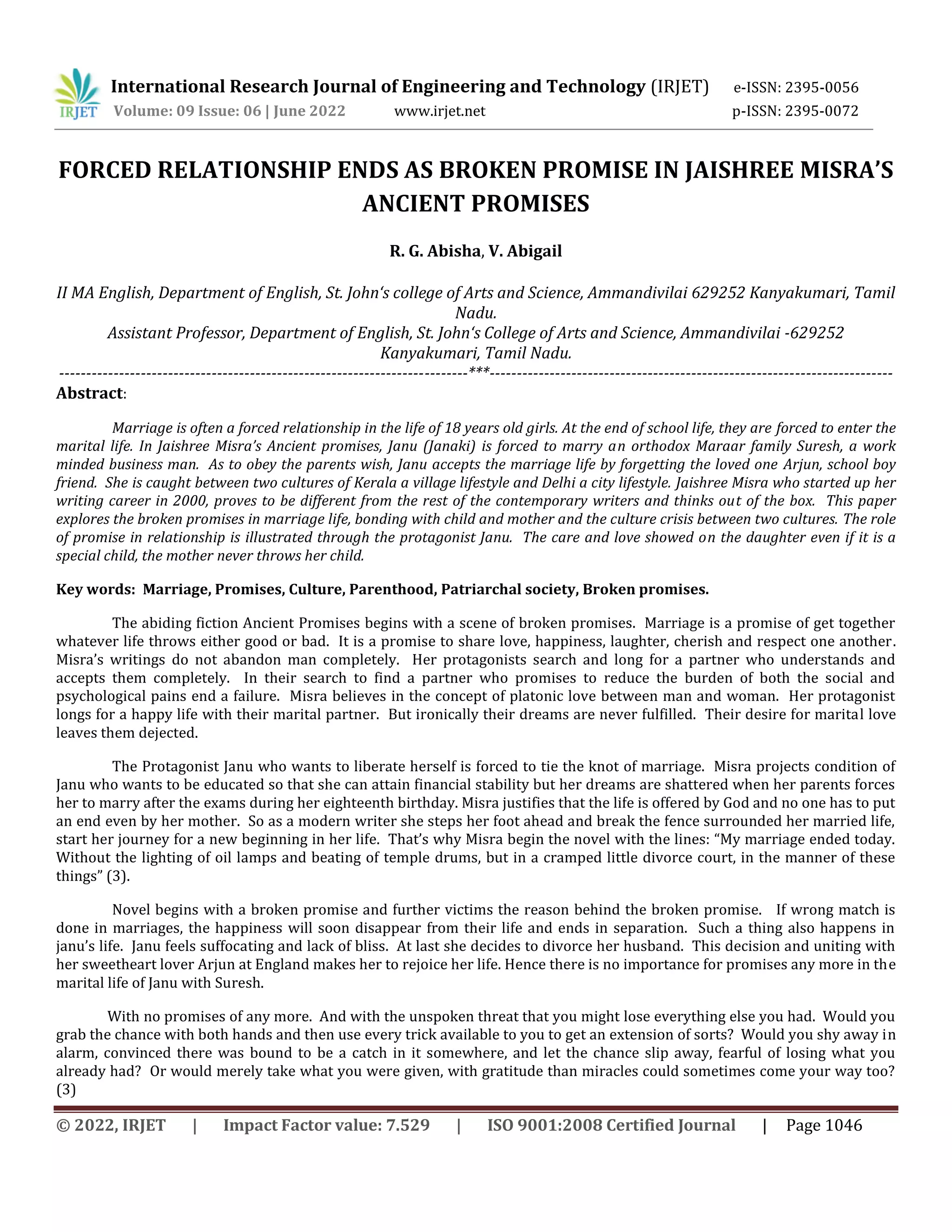 FORCED RELATIONSHIP ENDS AS BROKEN PROMISE IN JAISHREE MISRA’S ANCIENT PROMISES | PDF