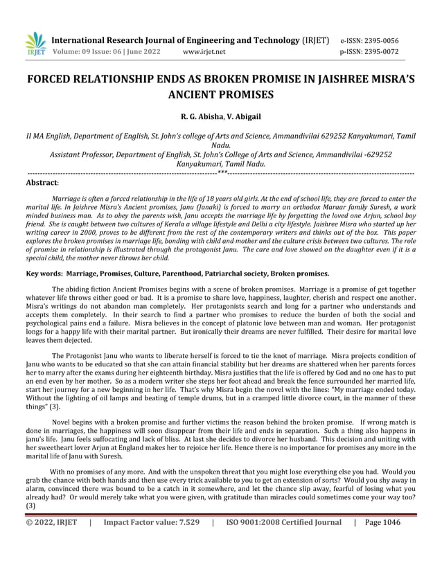 FORCED RELATIONSHIP ENDS AS BROKEN PROMISE IN JAISHREE MISRA’S ANCIENT PROMISES | PDF