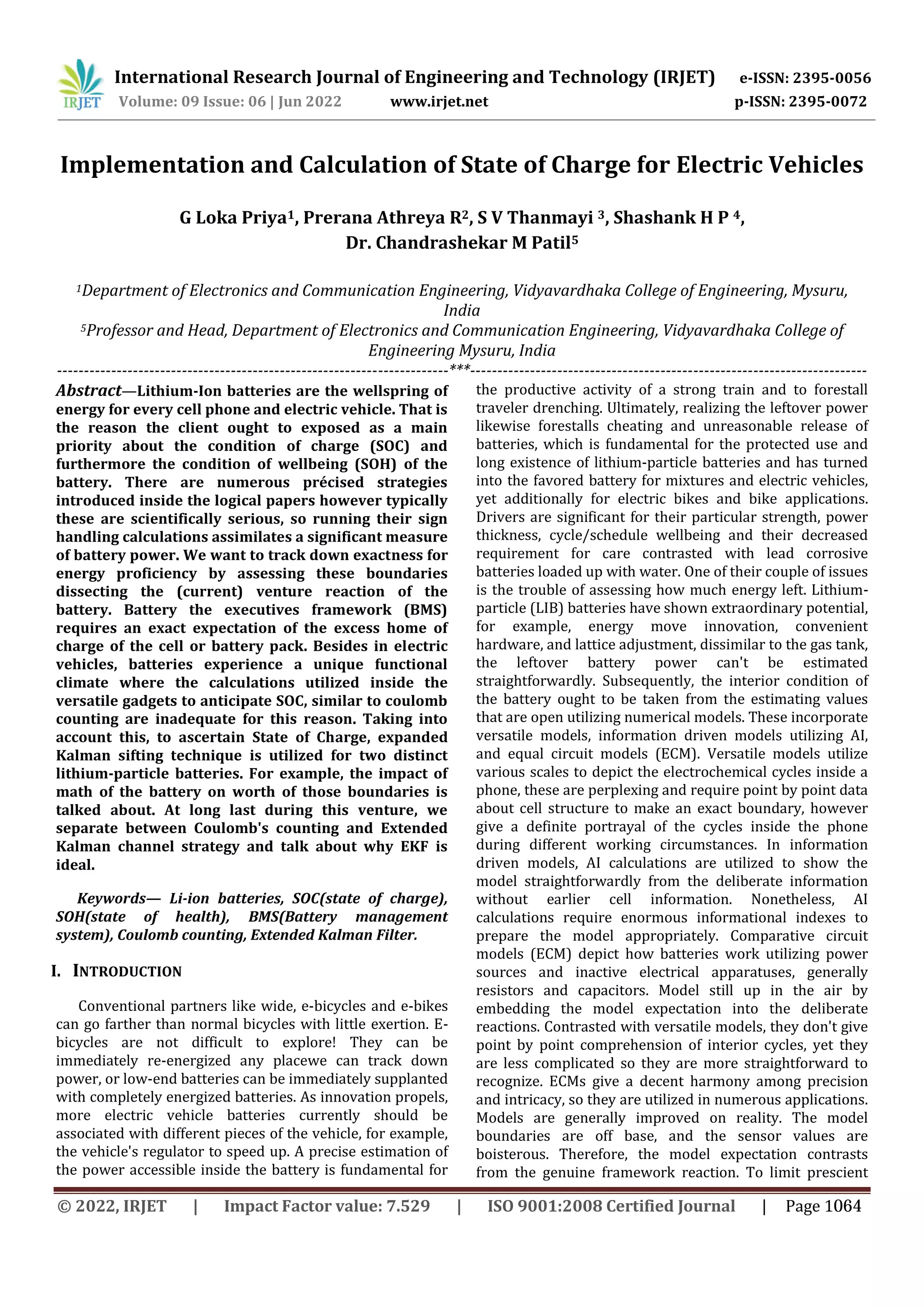 Implementation and Calculation of State of Charge for Electric Vehicles ...