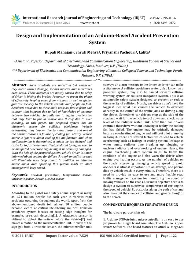 Design and Implementation of an Arduino-Based Accident Prevention System | PDF