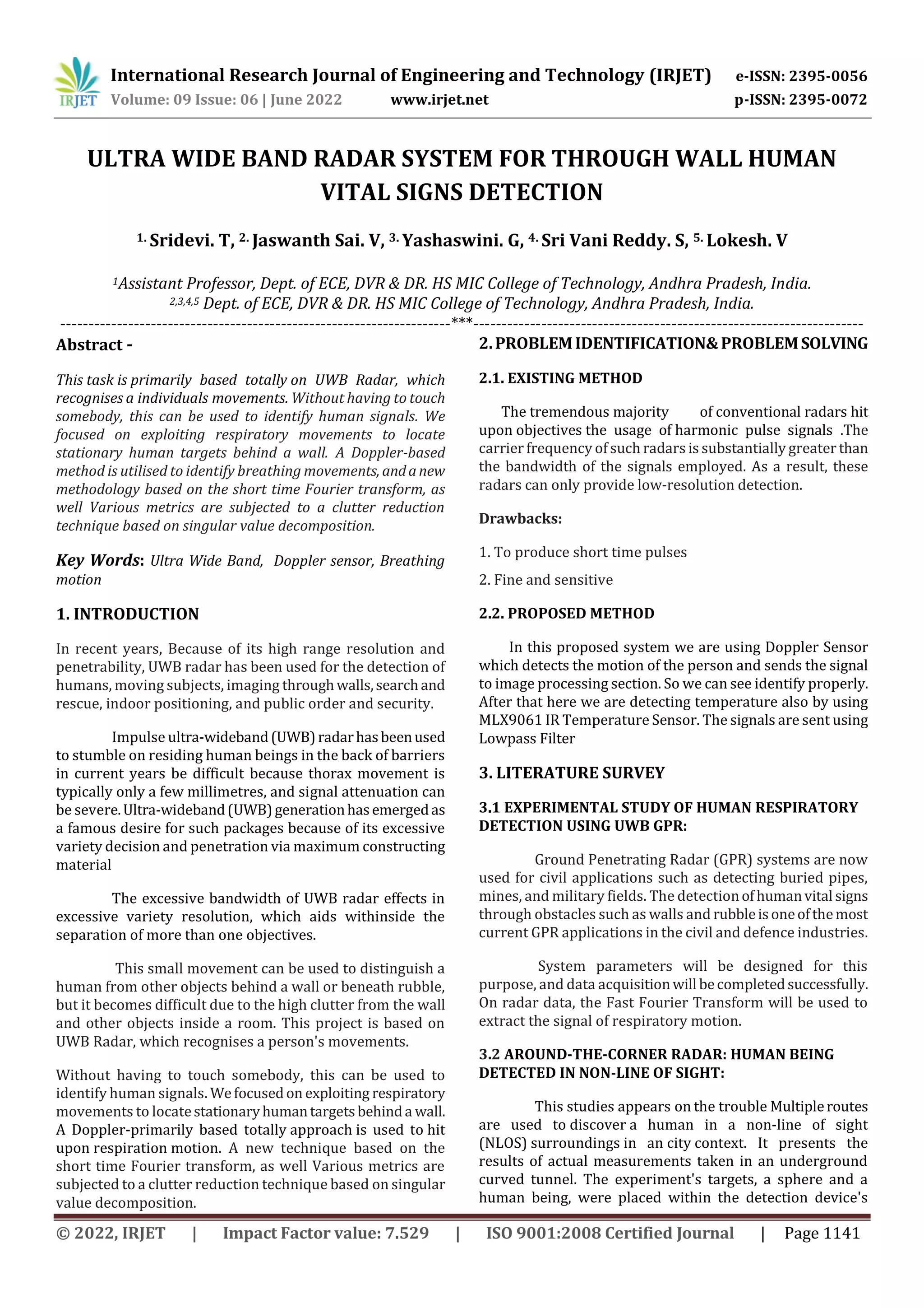 ULTRA WIDE BAND RADAR SYSTEM FOR THROUGH WALL HUMAN VITAL SIGNS ...