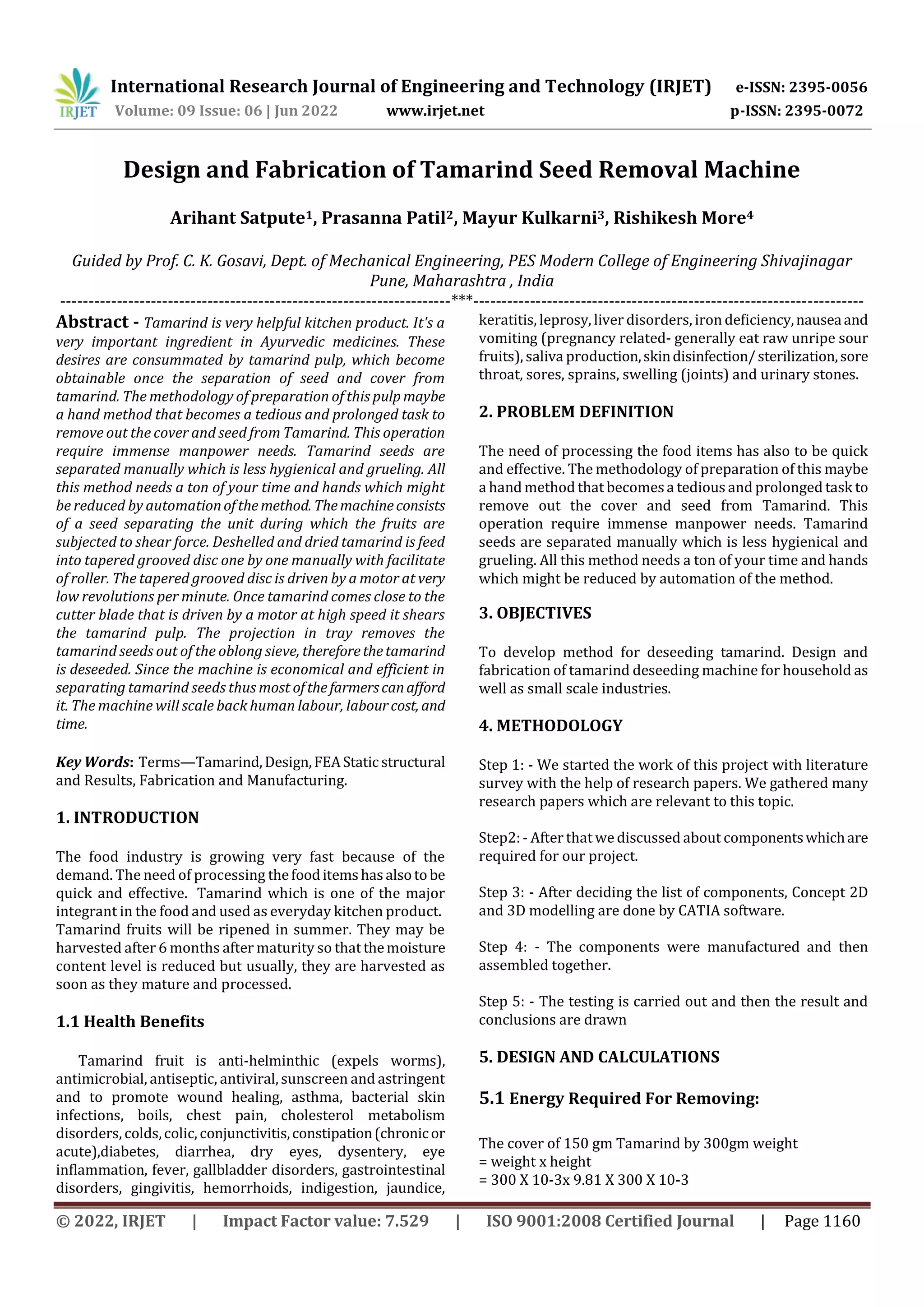 Design and Fabrication of Tamarind Seed Removal Machine | PDF