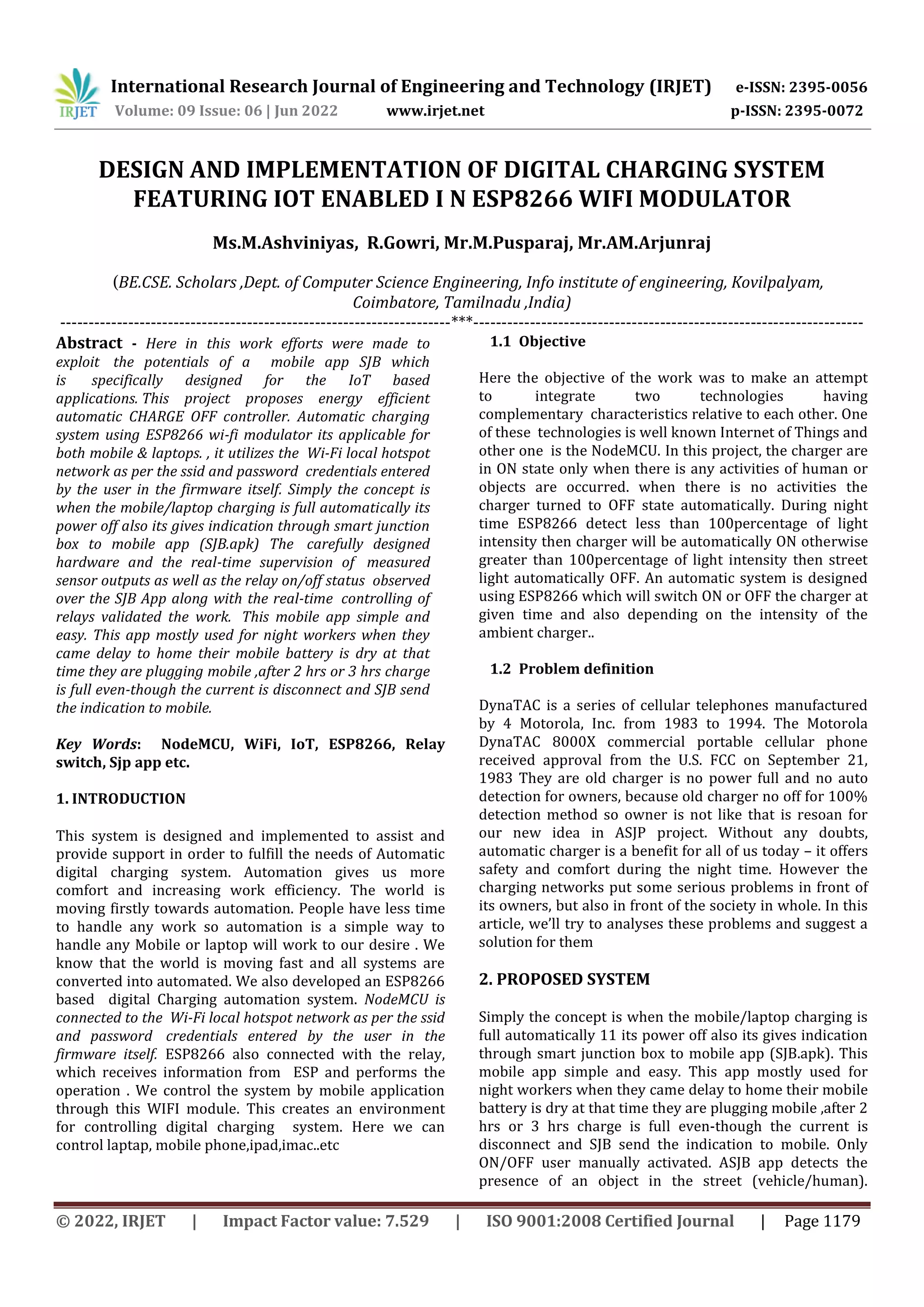 DESIGN AND IMPLEMENTATION OF DIGITAL CHARGING SYSTEM FEATURING IOT ENABLED I N ESP8266 WIFI ...