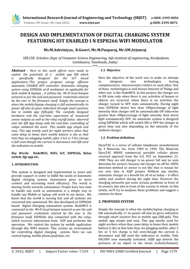 DESIGN AND IMPLEMENTATION OF DIGITAL CHARGING SYSTEM FEATURING IOT ENABLED I N ESP8266 WIFI ...