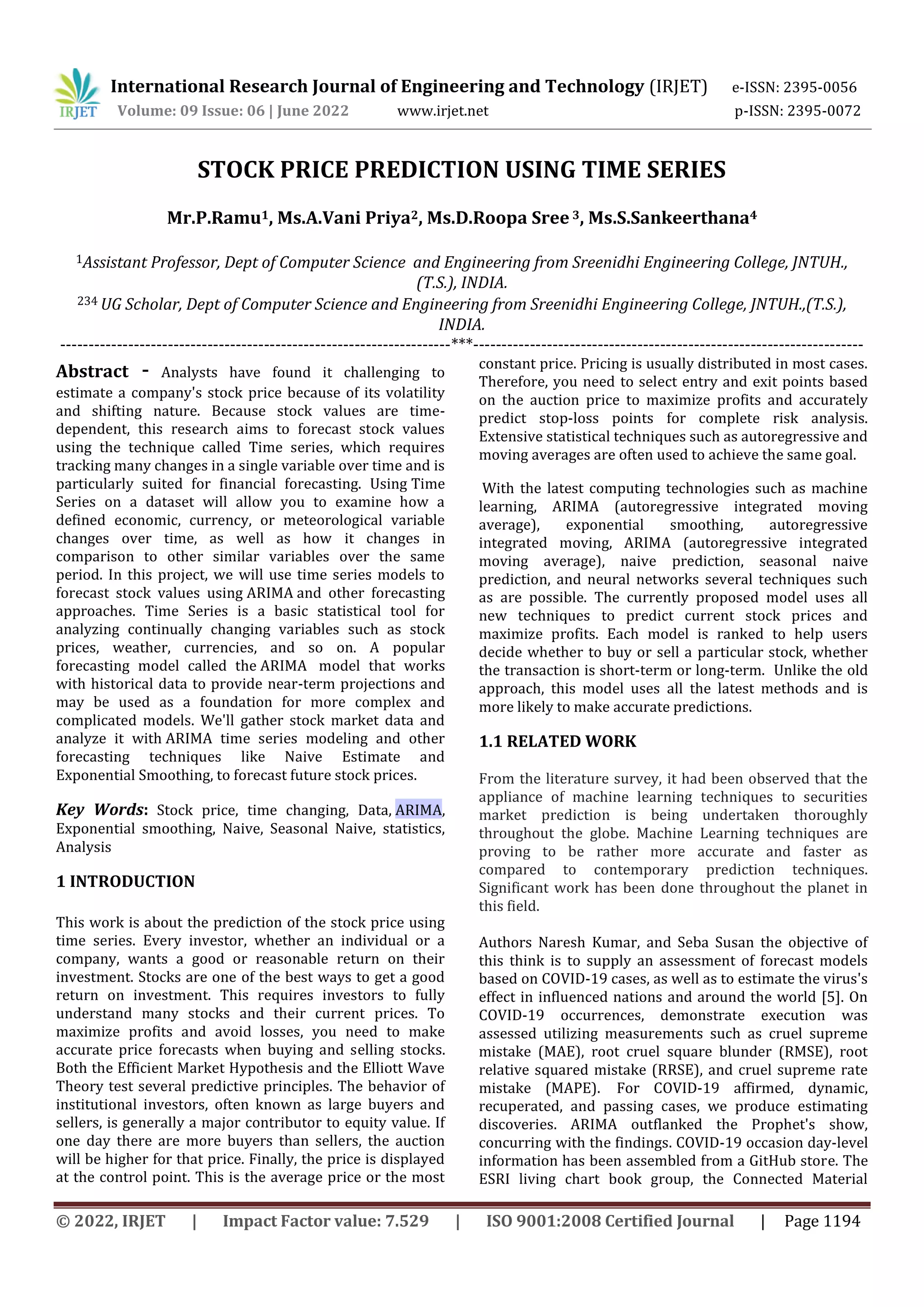 STOCK PRICE PREDICTION USING TIME SERIES | PDF