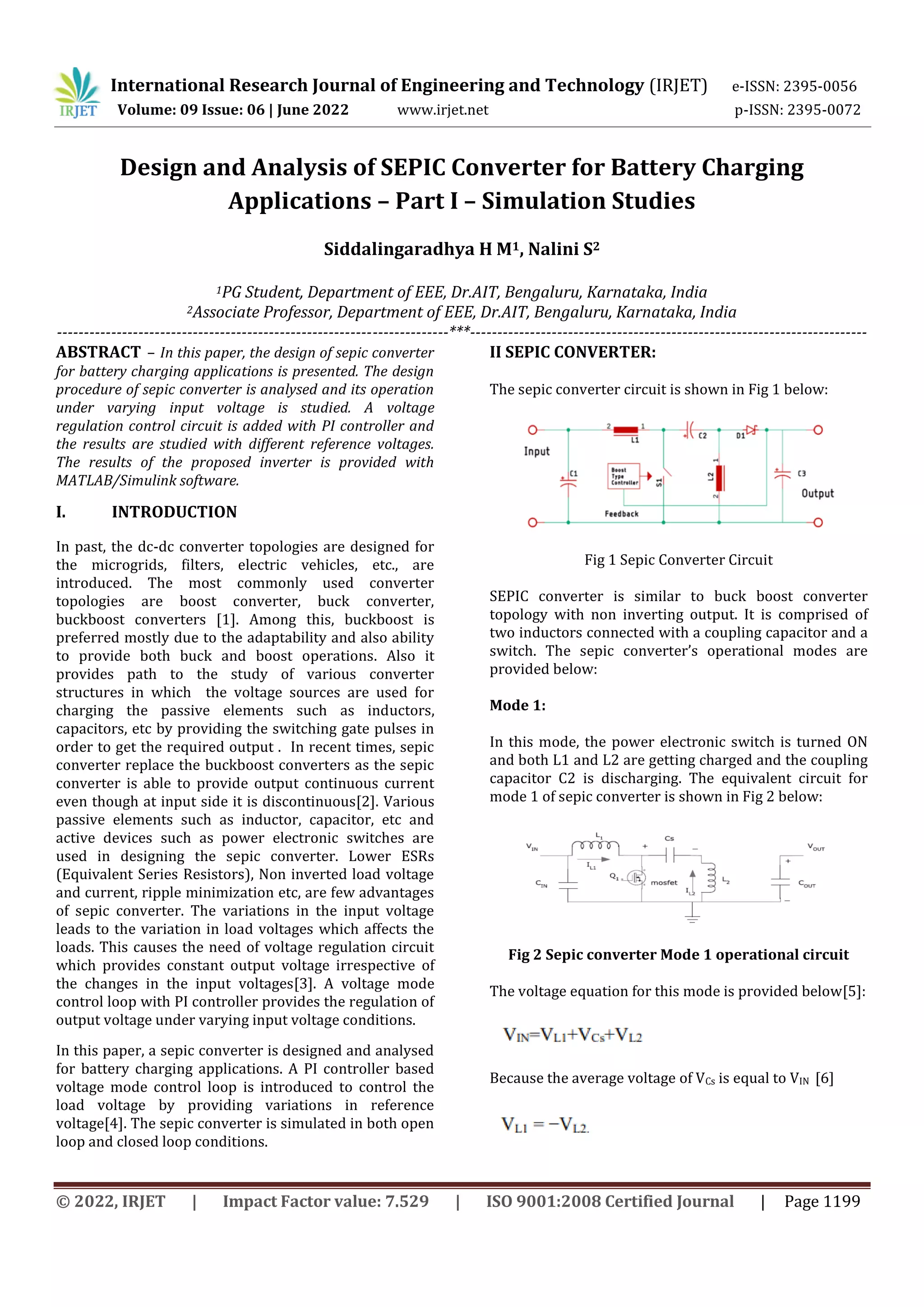 Design and Analysis of SEPIC Converter for Battery Charging Applications – Part I – Simulation ...
