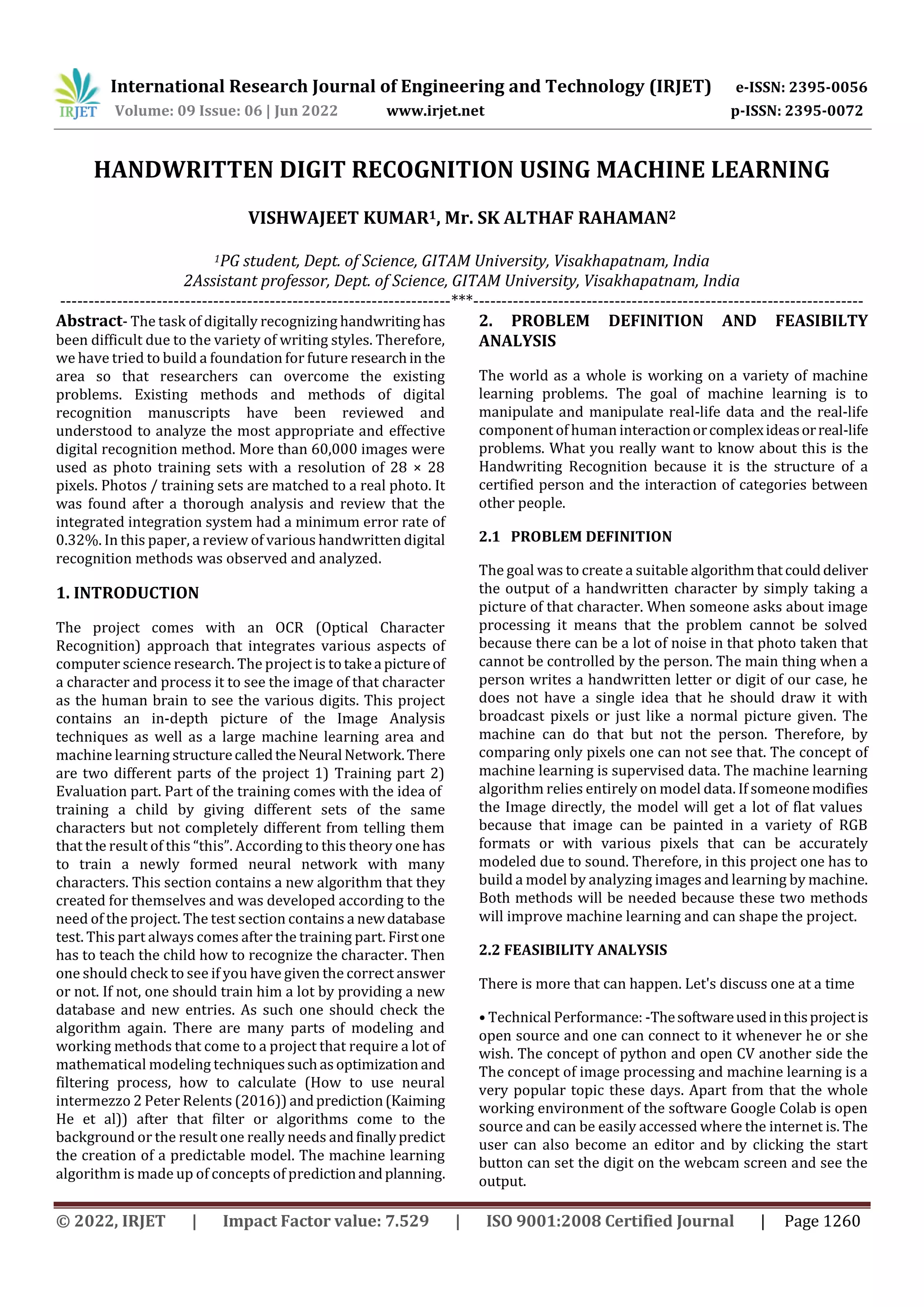 HANDWRITTEN DIGIT RECOGNITION USING MACHINE LEARNING | PDF