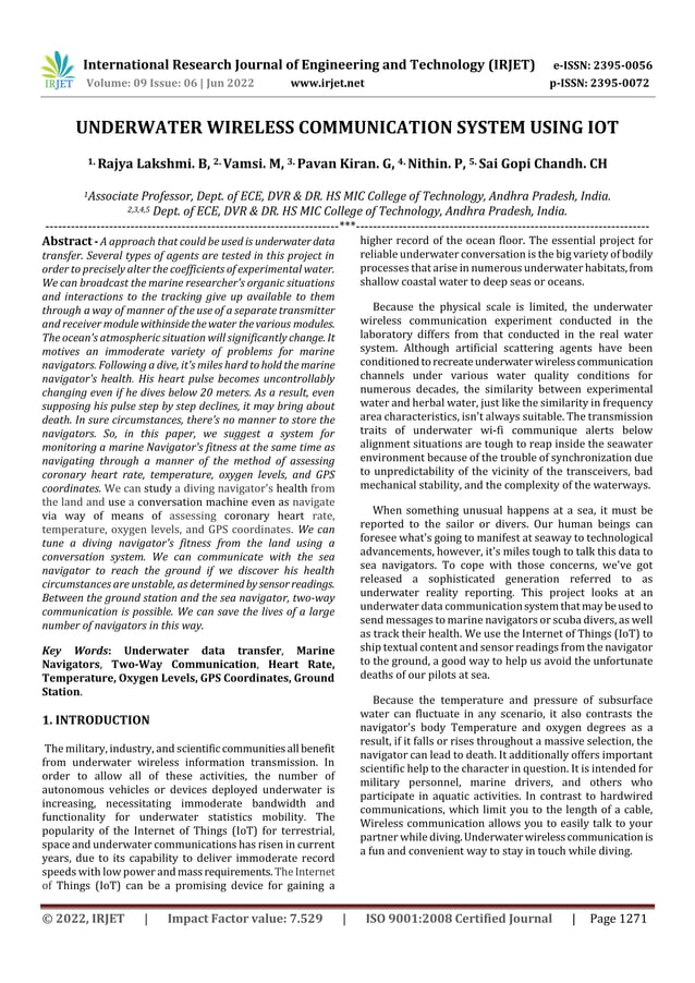 UNDERWATER WIRELESS COMMUNICATION SYSTEM USING IOT | PDF