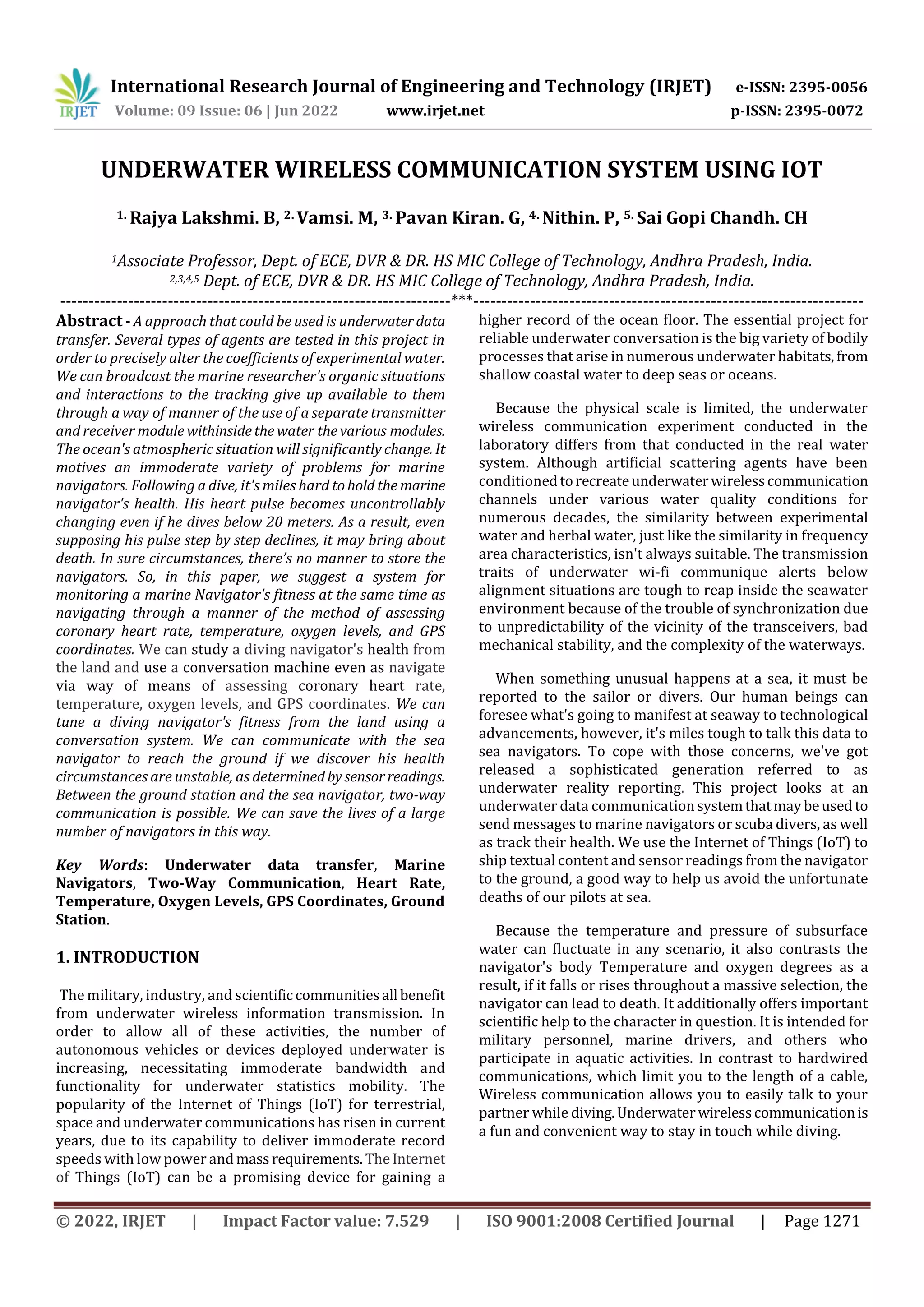 UNDERWATER WIRELESS COMMUNICATION SYSTEM USING IOT | PDF