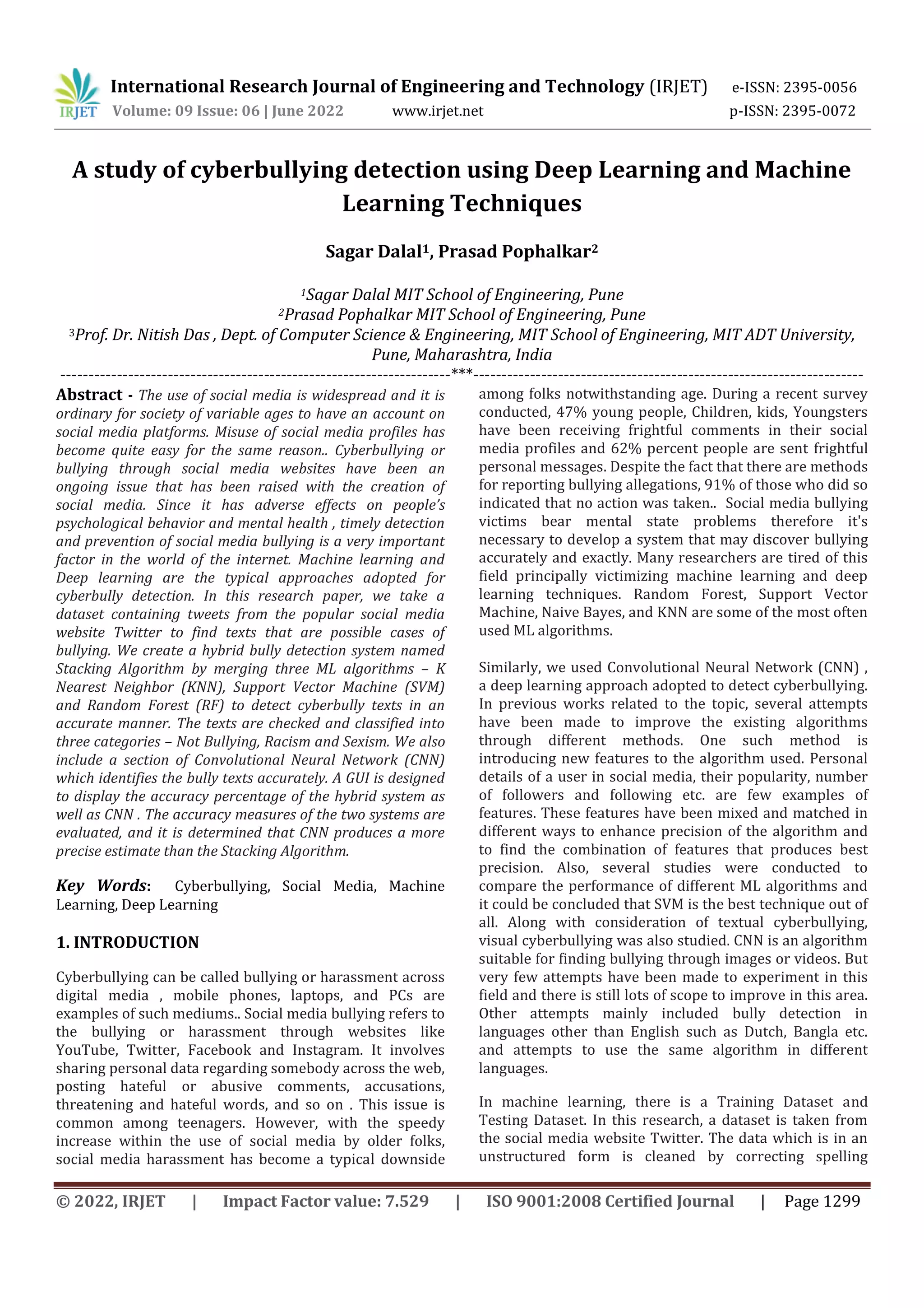 A study of cyberbullying detection using Deep Learning and Machine ...