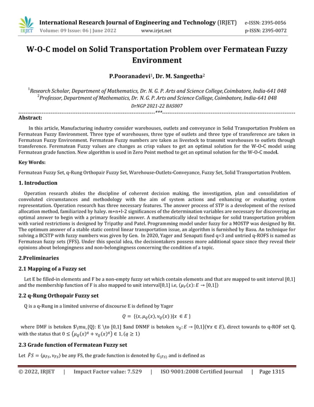 W-O-C model on Solid Transportation Problem over Fermatean Fuzzy Environment | PDF