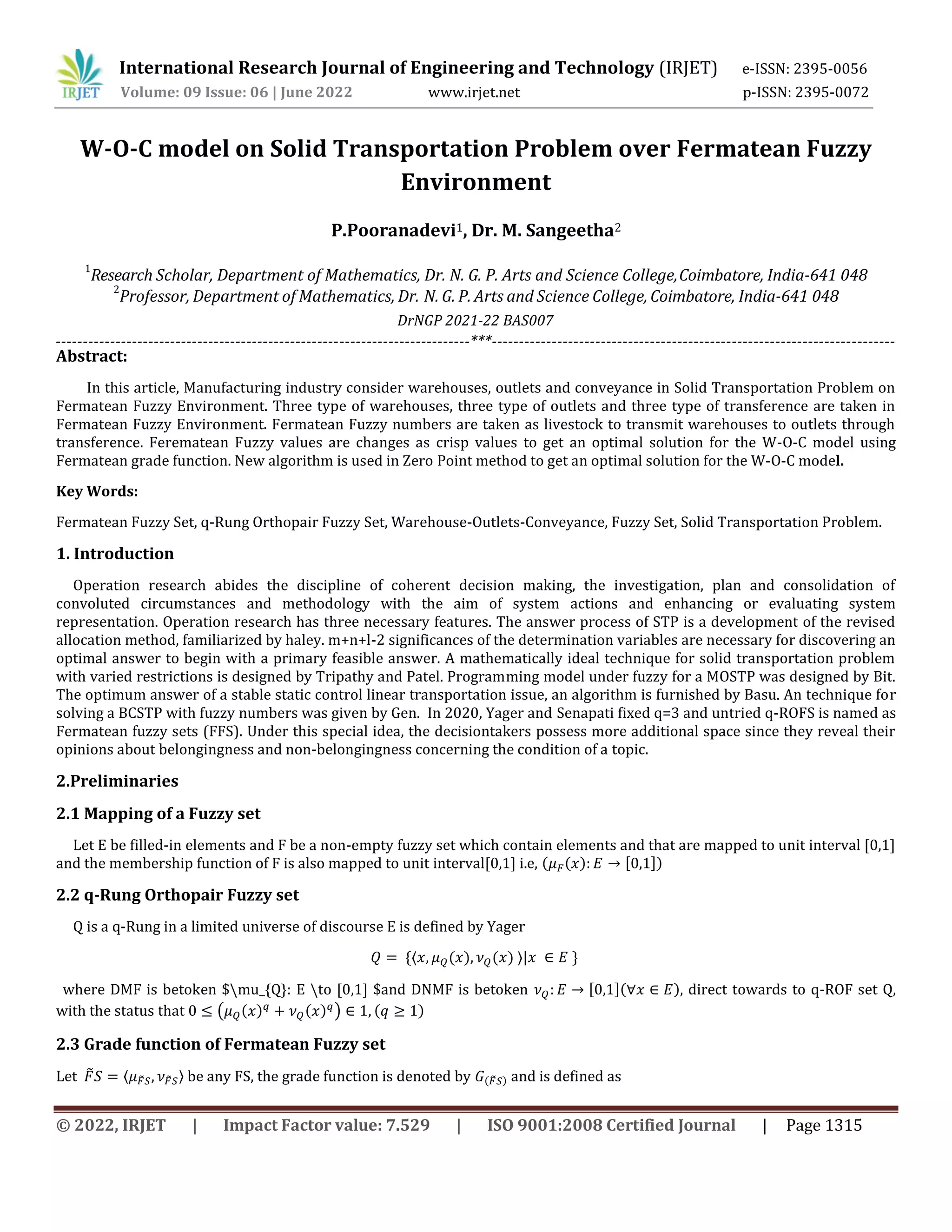 W-O-C model on Solid Transportation Problem over Fermatean Fuzzy Environment | PDF