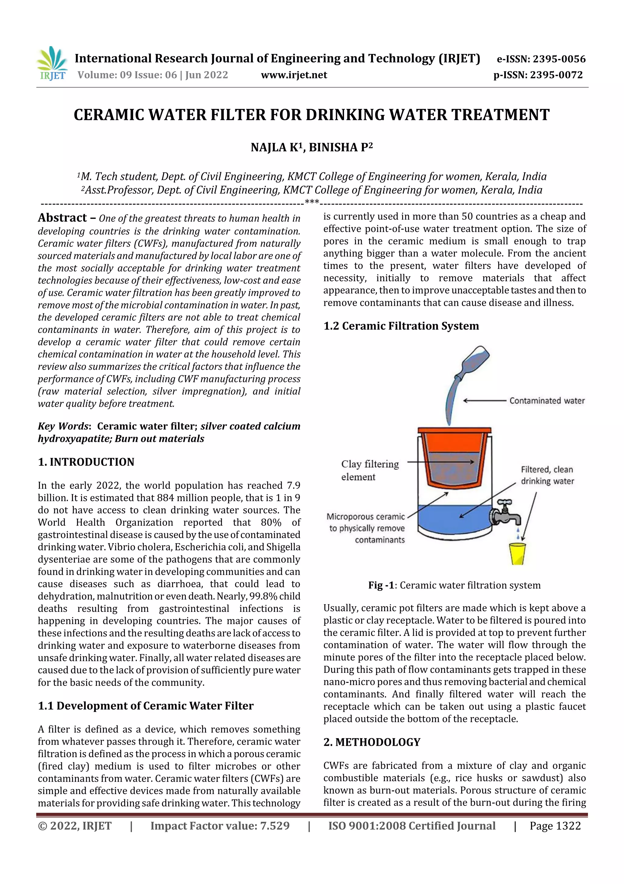CERAMIC WATER FILTER FOR DRINKING WATER TREATMENT | PDF
