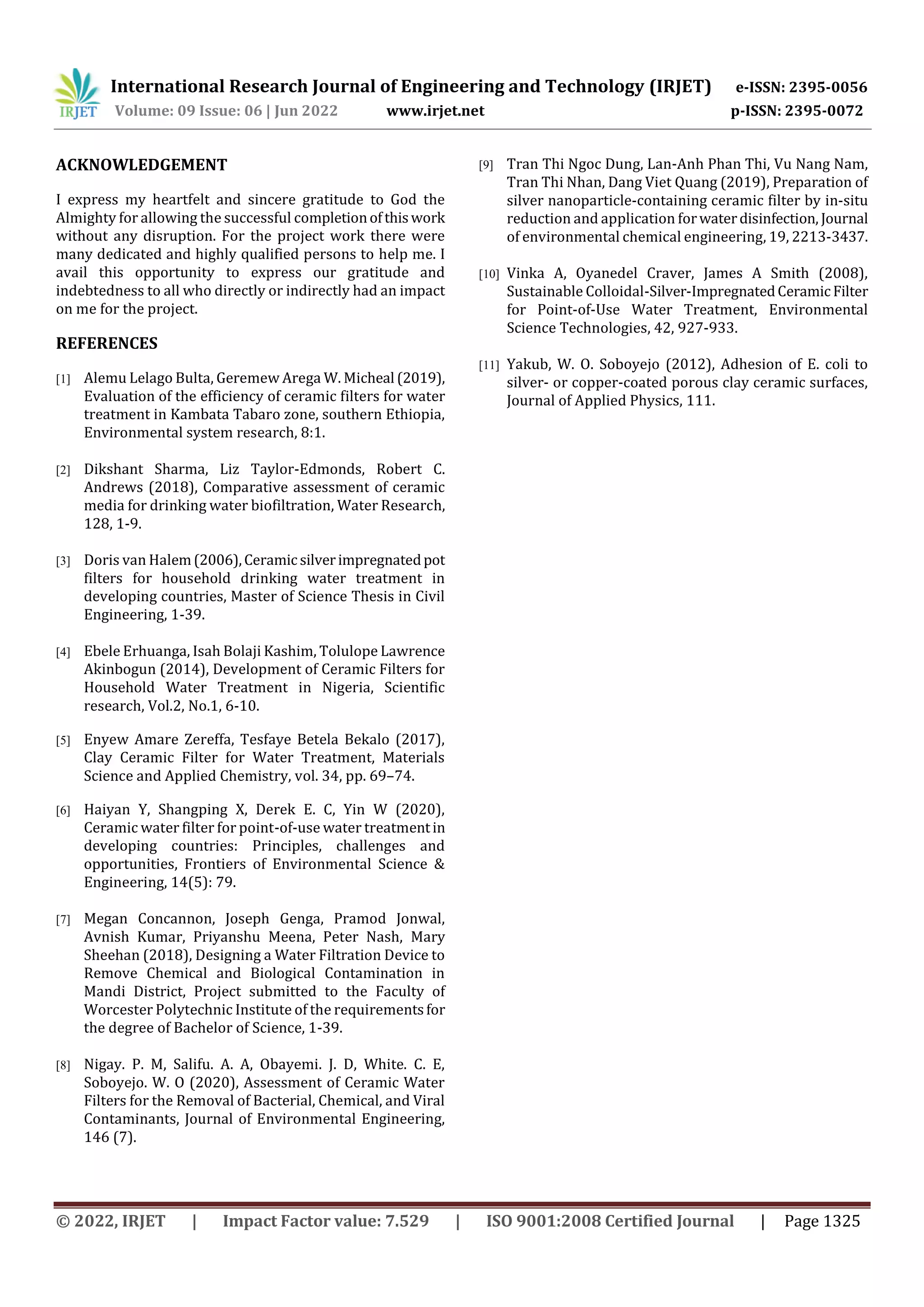 CERAMIC WATER FILTER FOR DRINKING WATER TREATMENT | PDF