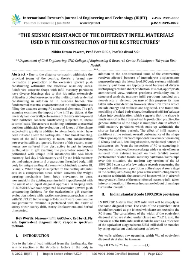 “THE SEISMIC RESISTANCE OF THE DIFFERENT INFILL MATERIALS USED IN THE CONSTRUCTION OF THE RC ...