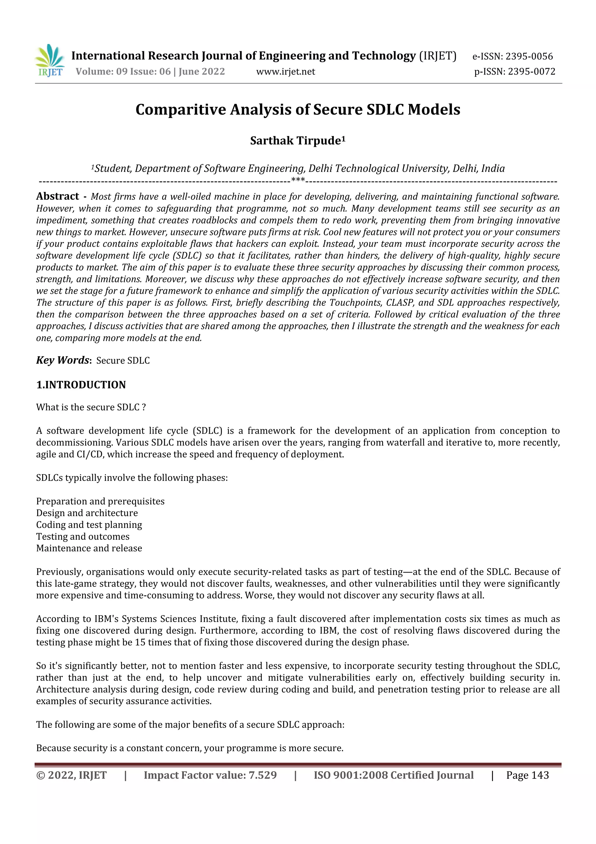 Comparitive Analysis of Secure SDLC Models | PDF