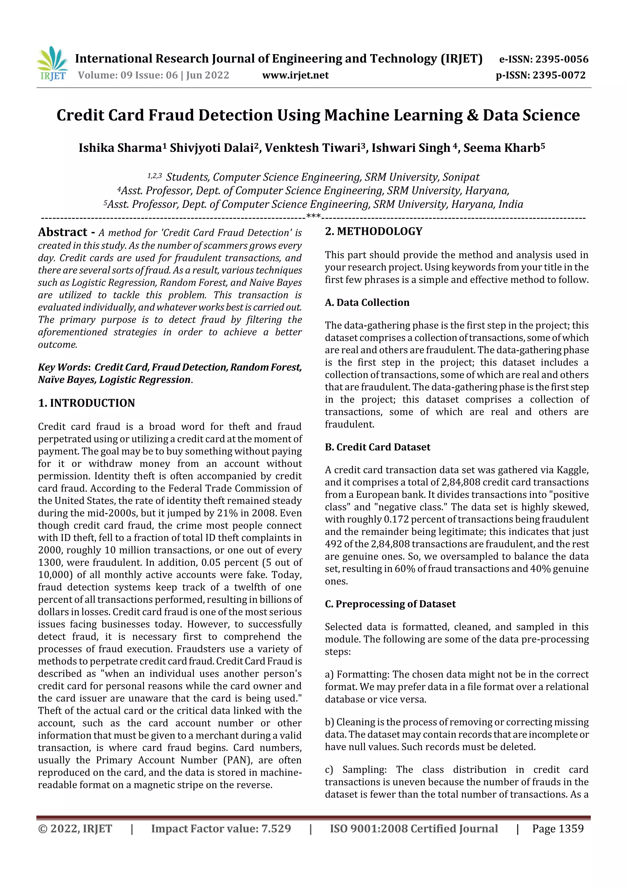 Credit Card Fraud Detection Using Machine Learning & Data Science | PDF