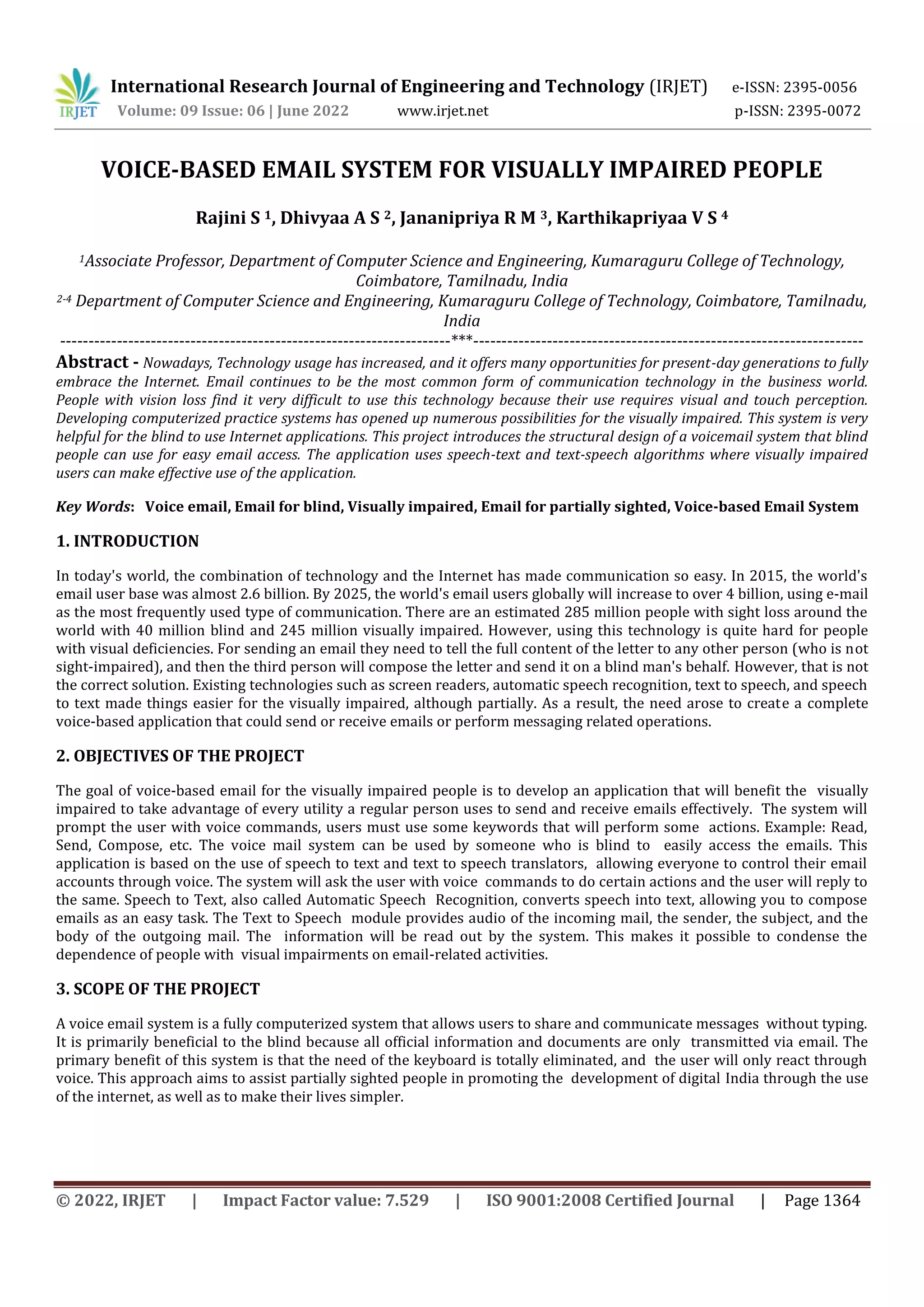 VOICE-BASED EMAIL SYSTEM FOR VISUALLY IMPAIRED PEOPLE | PDF