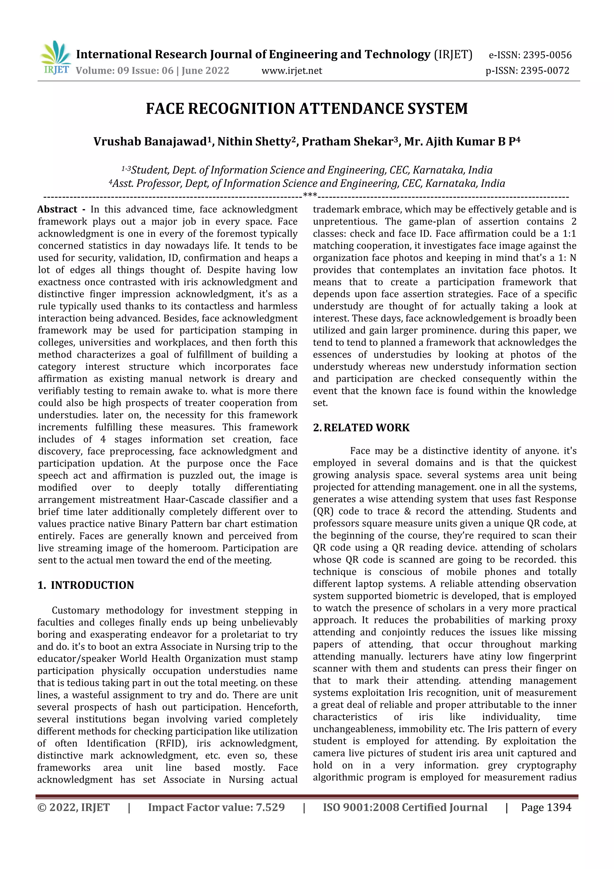 FACE RECOGNITION ATTENDANCE SYSTEM | PDF | Computing | Technology & Computing