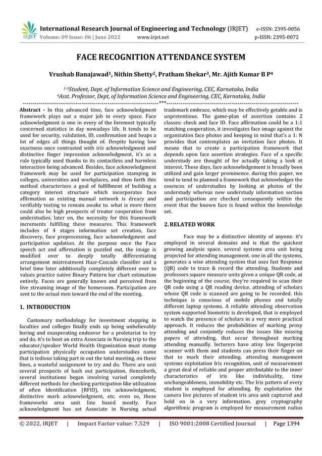 FACE RECOGNITION ATTENDANCE SYSTEM | PDF