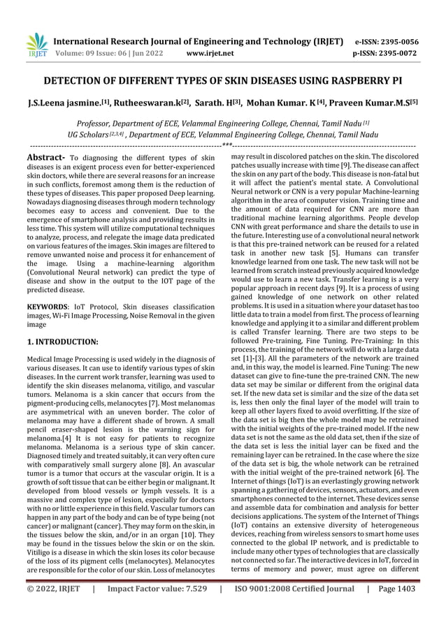 DETECTION OF DIFFERENT TYPES OF SKIN DISEASES USING RASPBERRY PI | PDF ...