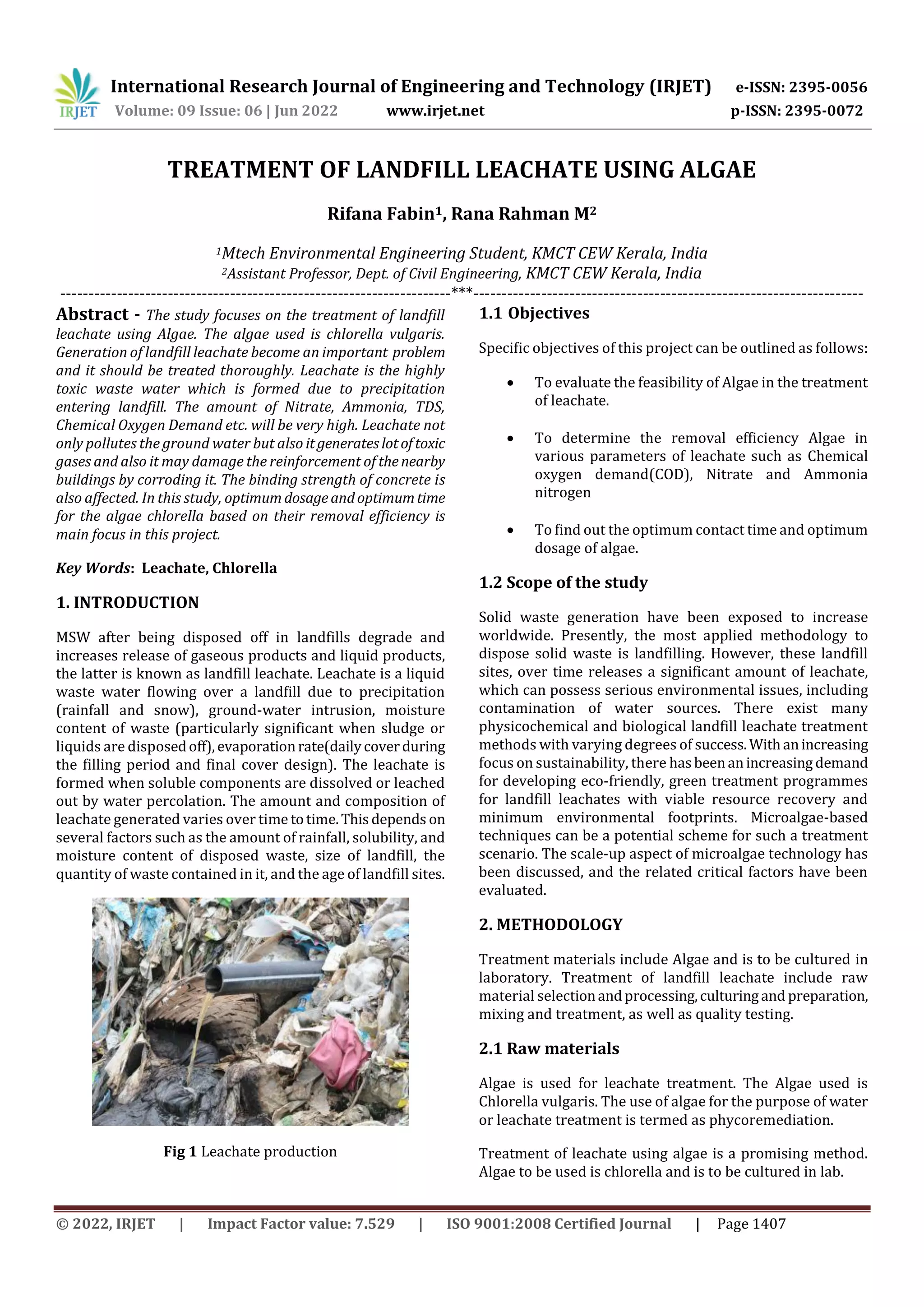 TREATMENT OF LANDFILL LEACHATE USING ALGAE | PDF