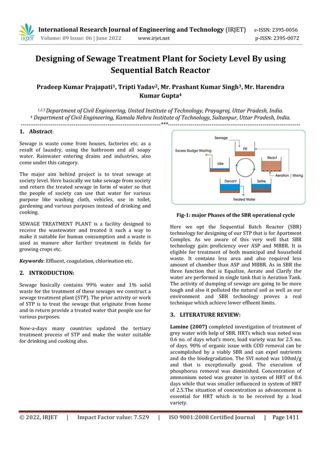Designing of Sewage Treatment Plant for Society Level By using Sequential Batch Reactor | PDF