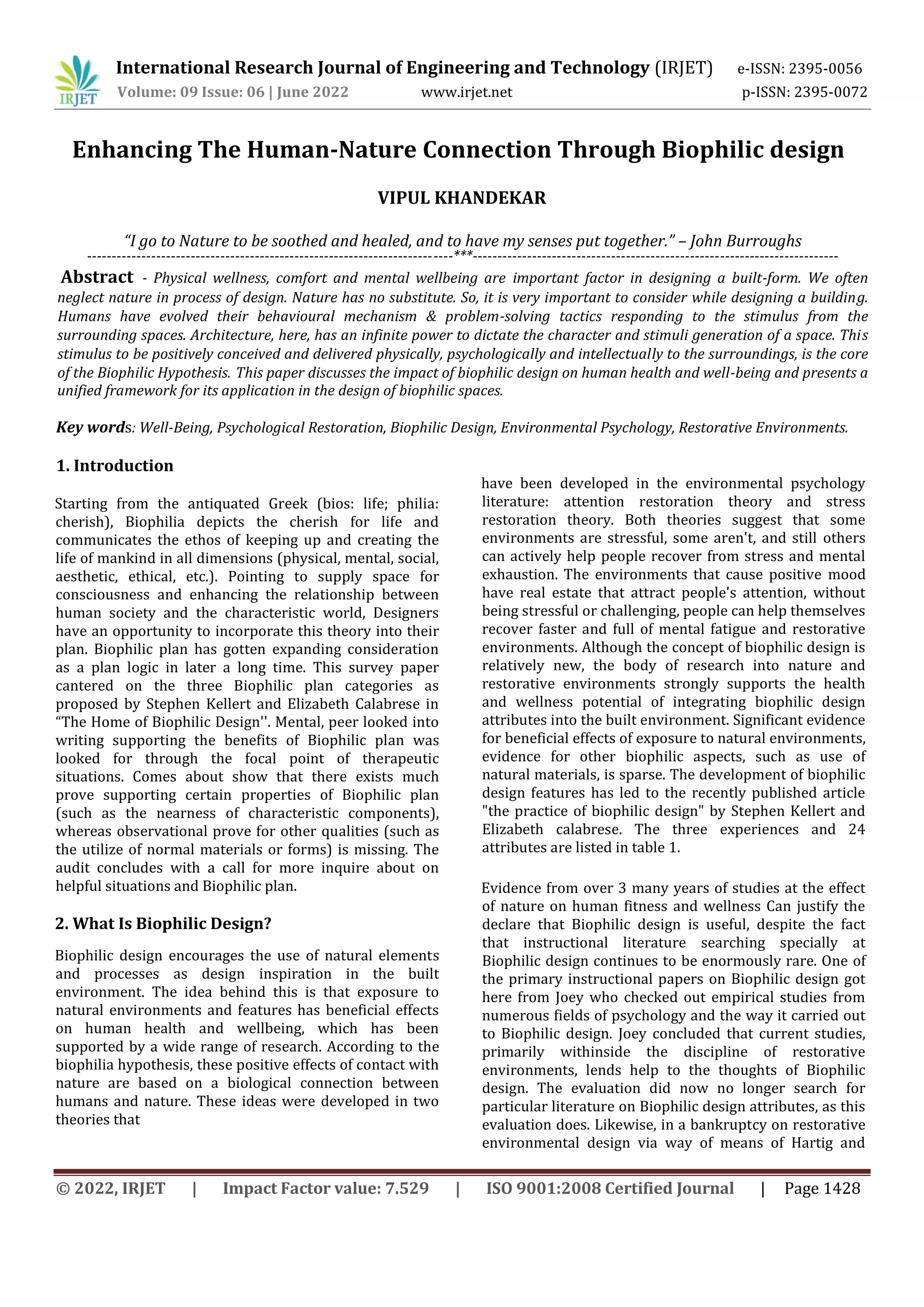 Enhancing The Human-Nature Connection Through Biophilic design | PDF