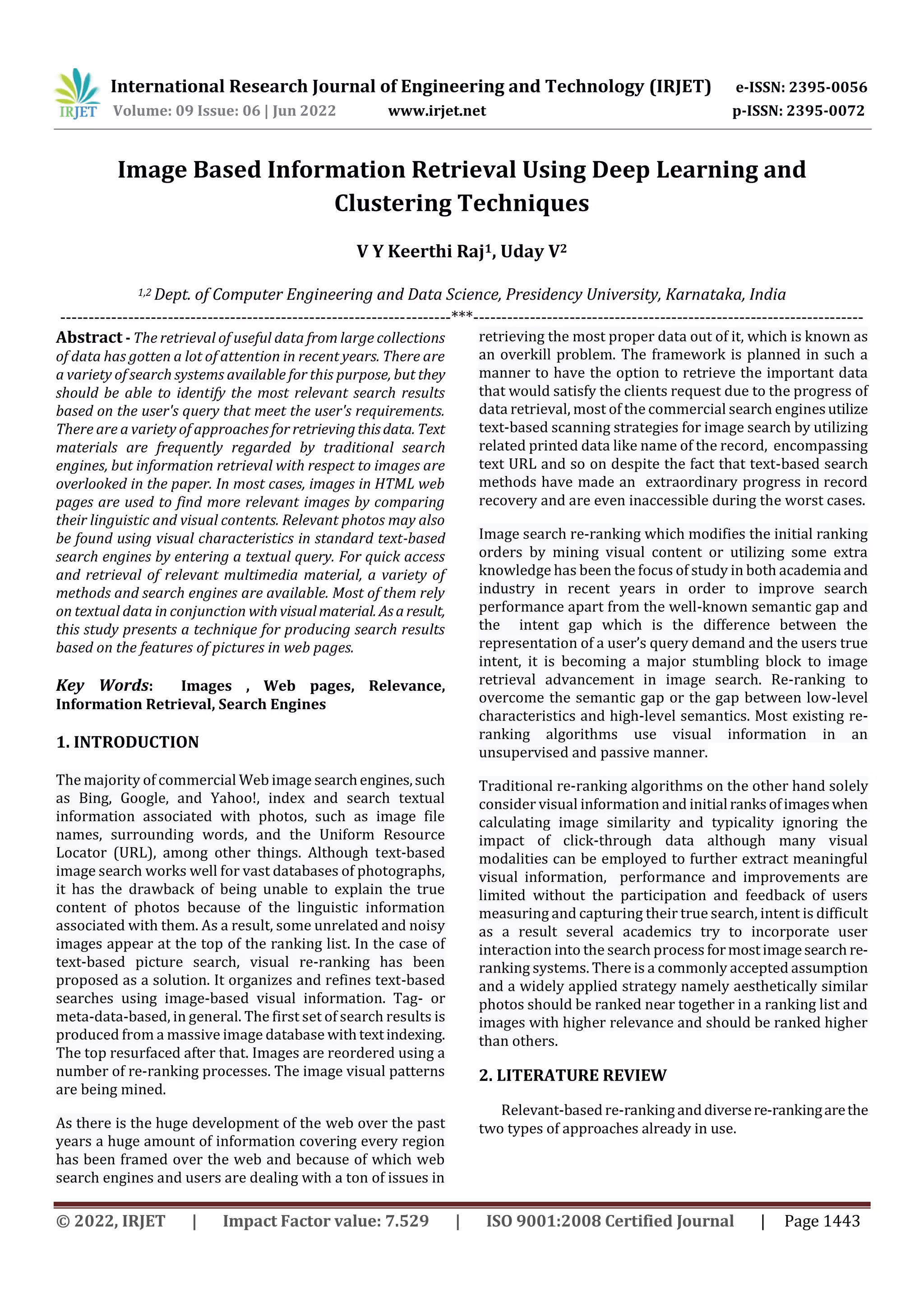 Image Based Information Retrieval Using Deep Learning and Clustering Techniques | PDF