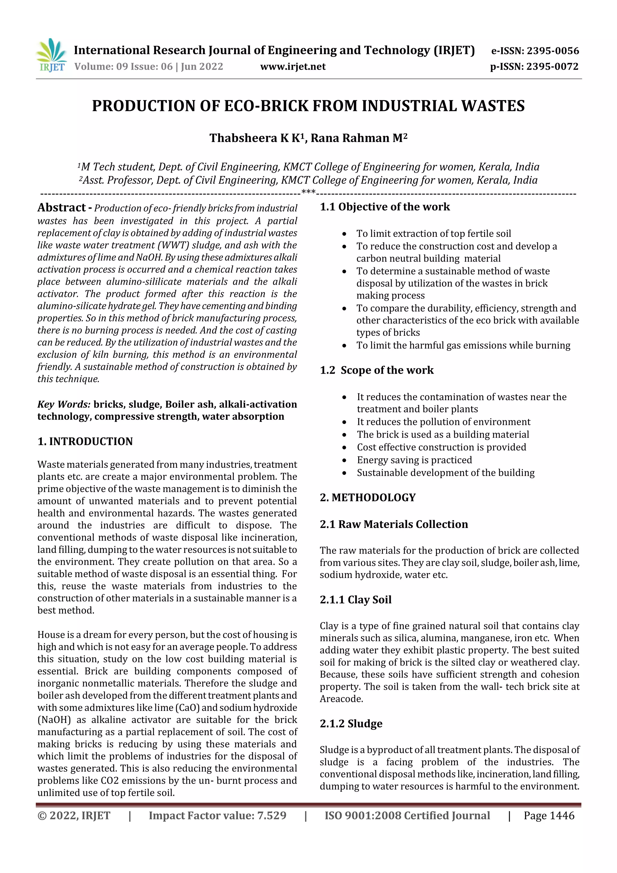 PRODUCTION OF ECO-BRICK FROM INDUSTRIAL WASTES | PDF