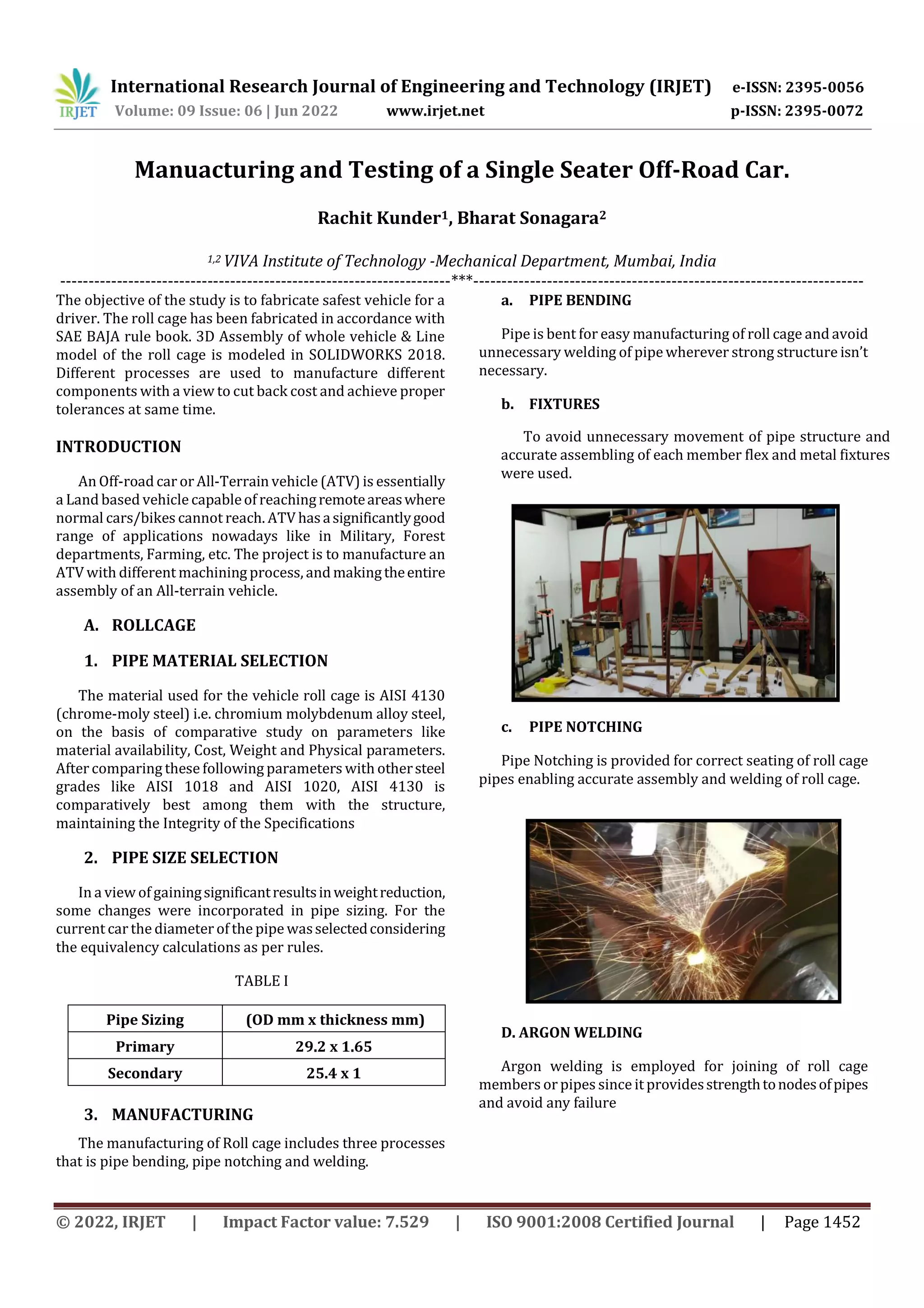 Manuacturing and Testing of a Single Seater Off-Road Car. | PDF
