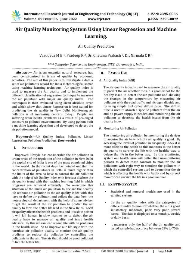 Air Quality Monitoring System Using Linear Regression and Machine Learning | PDF