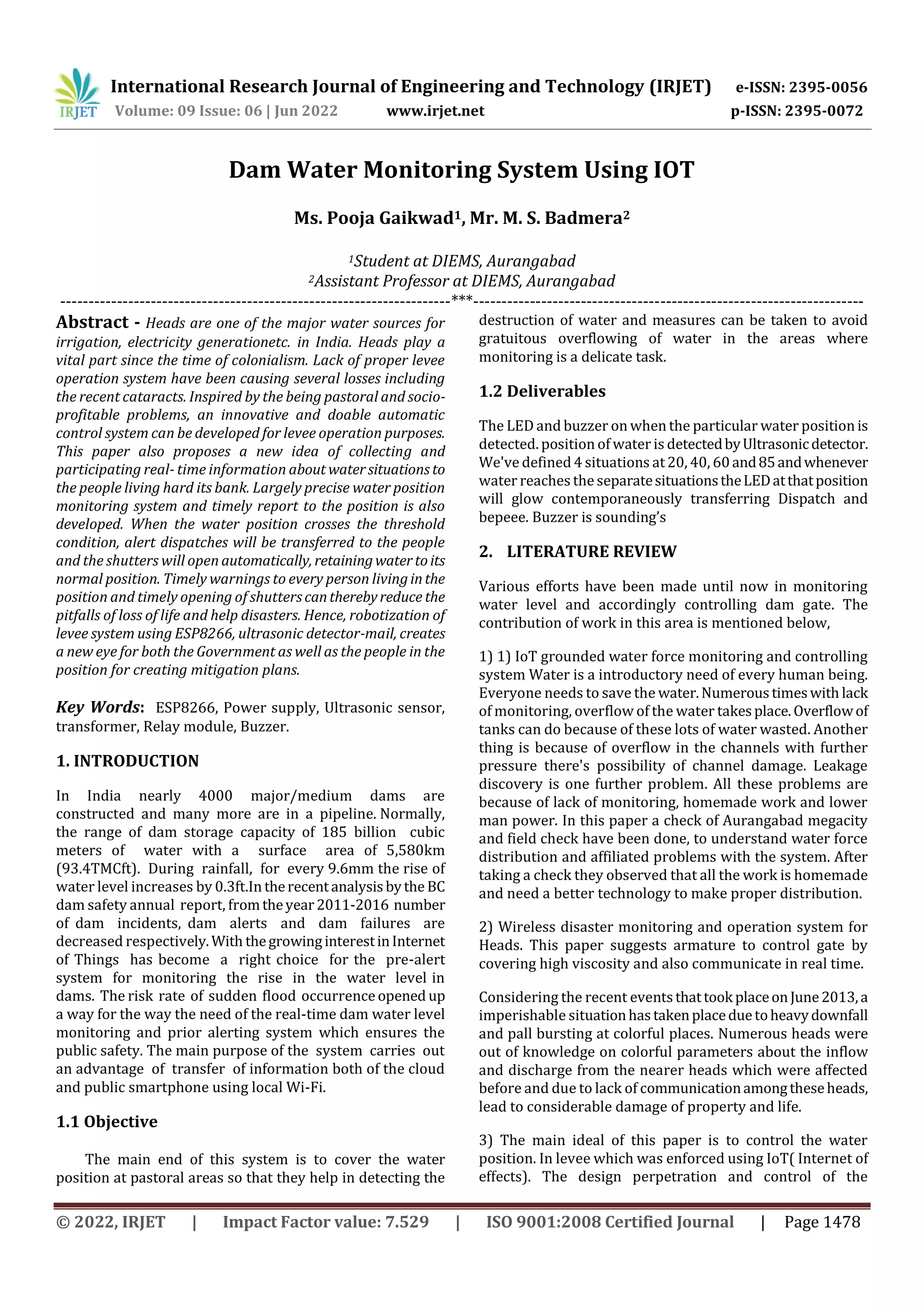 Dam Water Monitoring System Using IOT | PDF | Indoor Environmental ...
