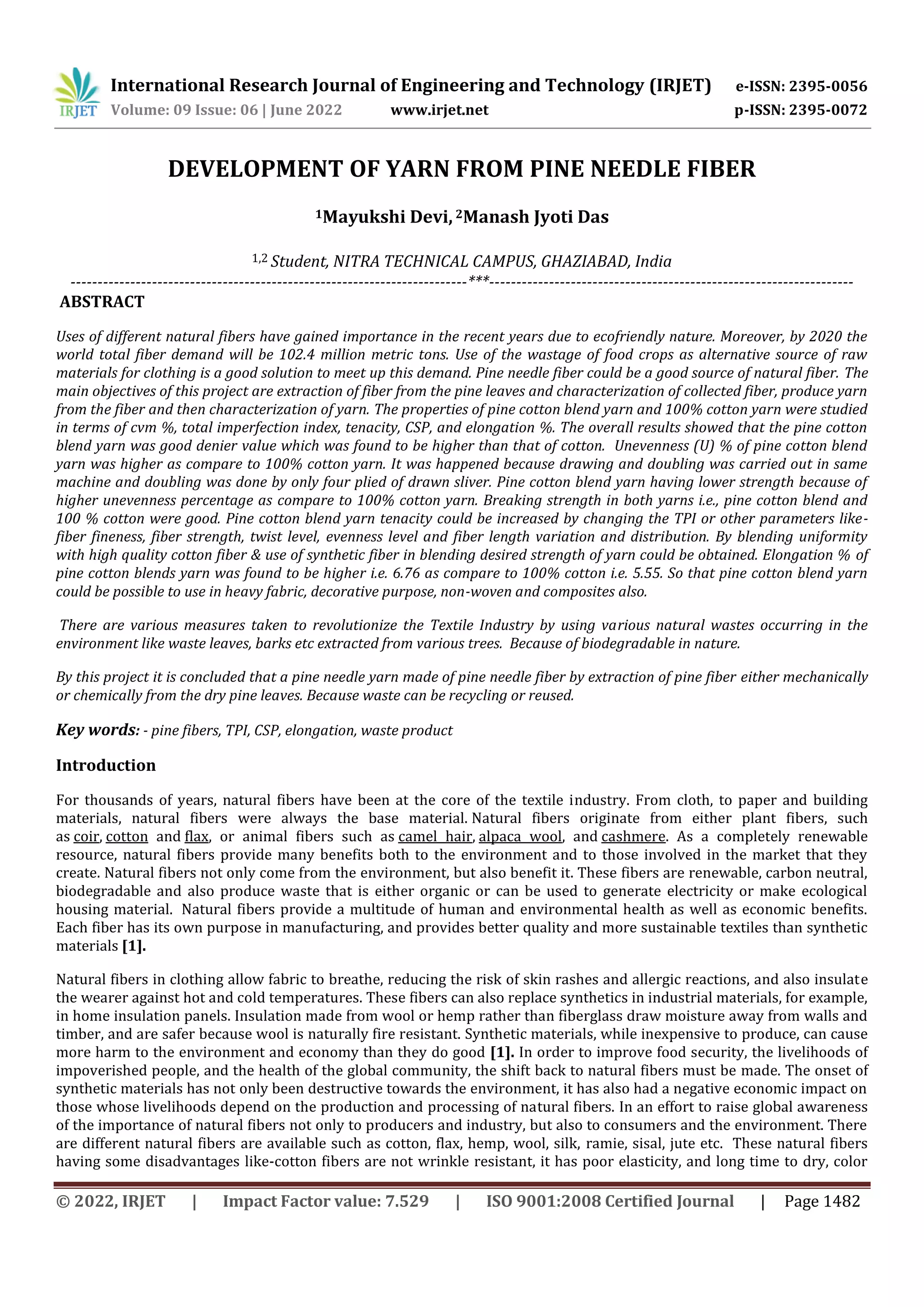 DEVELOPMENT OF YARN FROM PINE NEEDLE FIBER | PDF