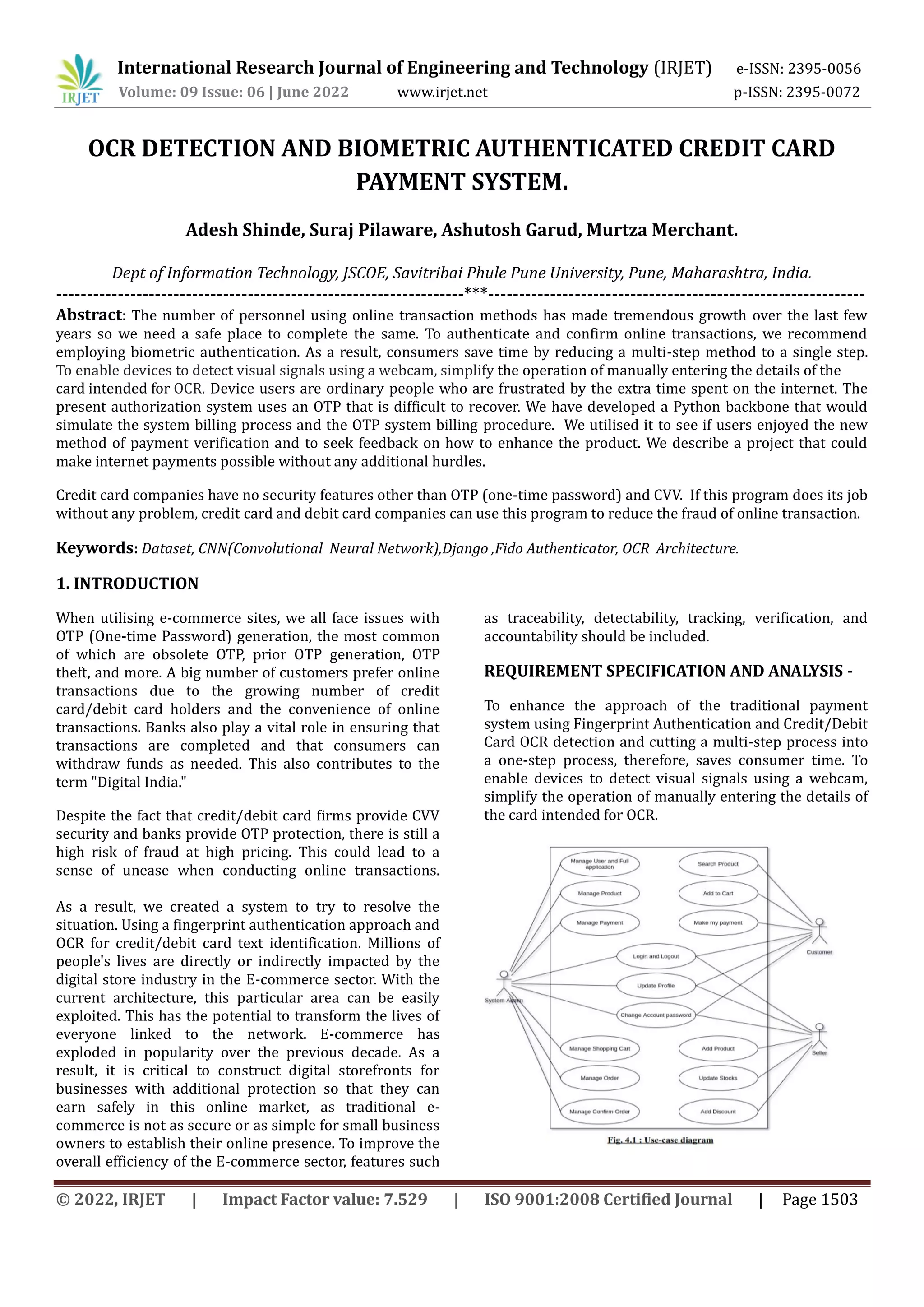 OCR DETECTION AND BIOMETRIC AUTHENTICATED CREDIT CARD PAYMENT SYSTEM ...
