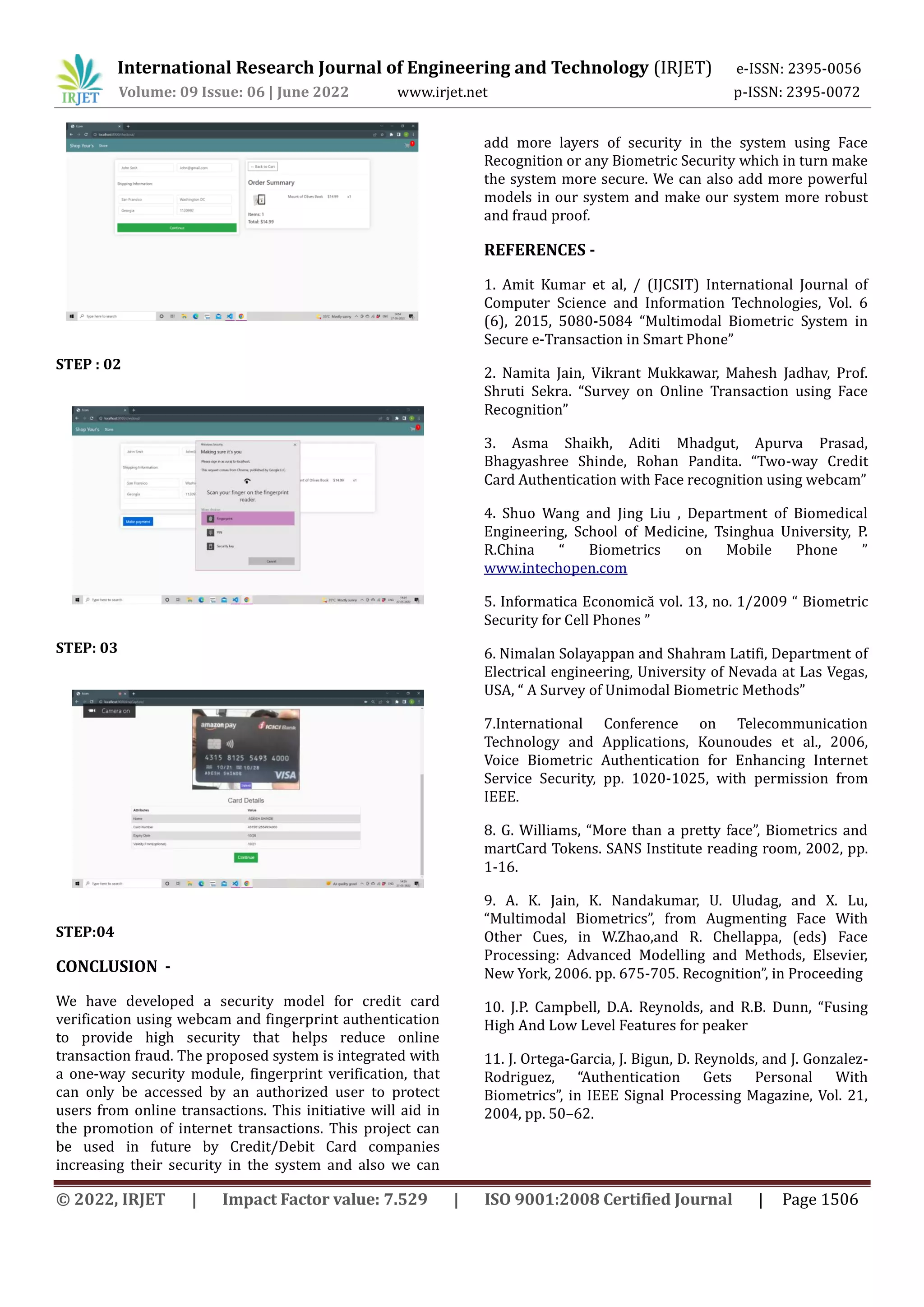 OCR DETECTION AND BIOMETRIC AUTHENTICATED CREDIT CARD PAYMENT SYSTEM ...