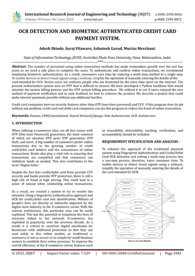OCR DETECTION AND BIOMETRIC AUTHENTICATED CREDIT CARD PAYMENT SYSTEM ...