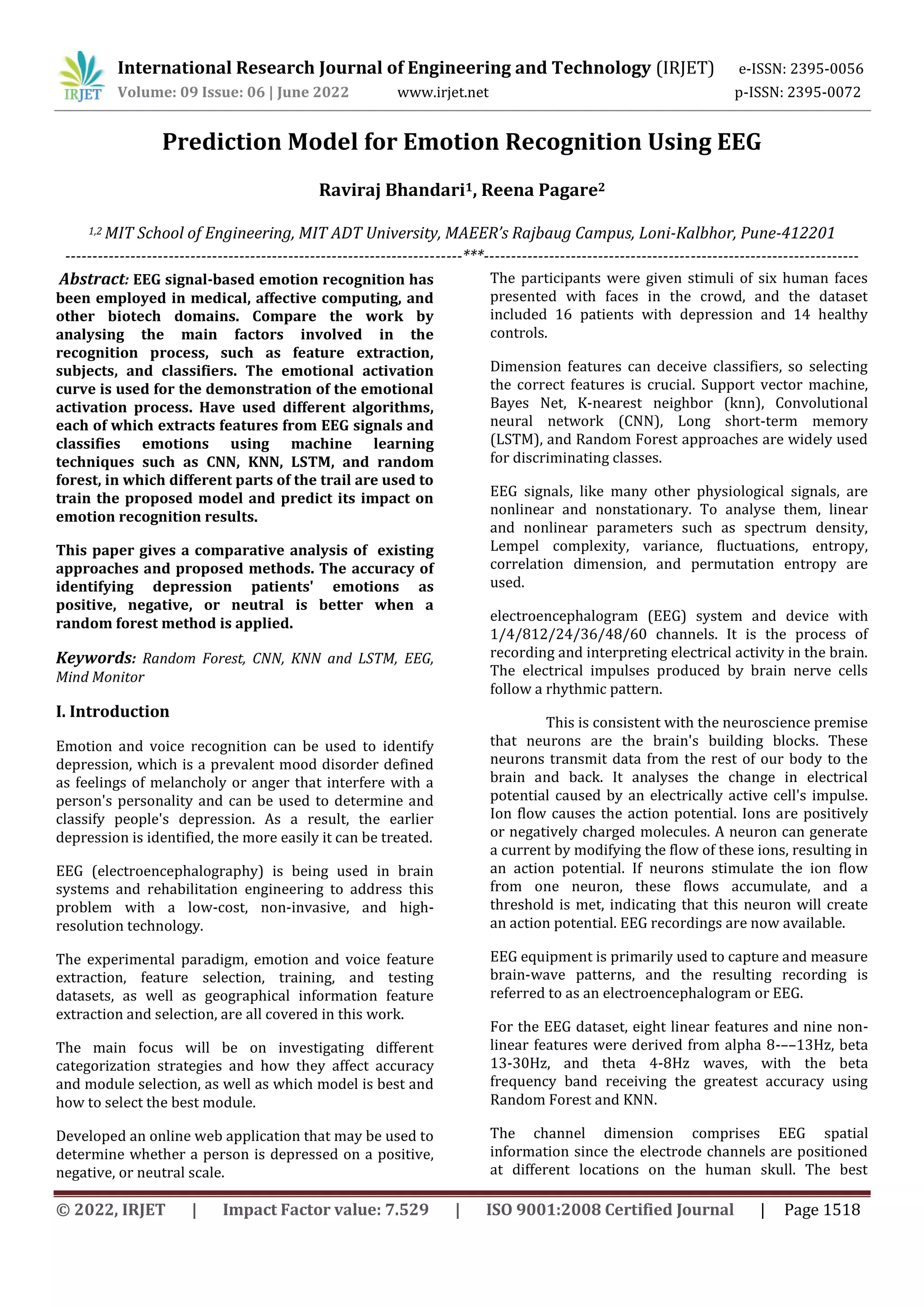 Prediction Model For Emotion Recognition Using Eeg Pdf
