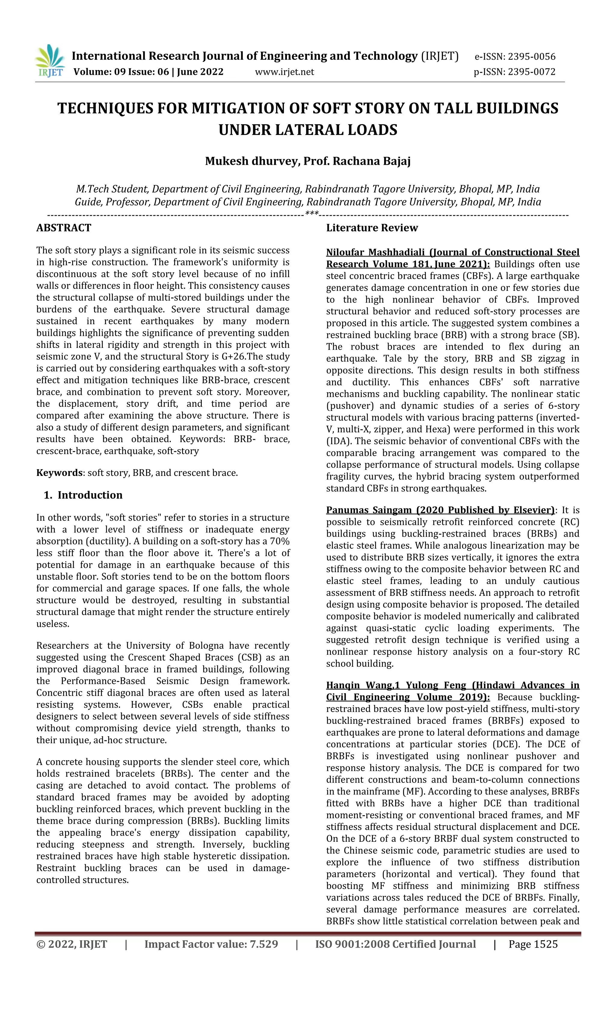 TECHNIQUES FOR MITIGATION OF SOFT STORY ON TALL BUILDINGS UNDER LATERAL ...