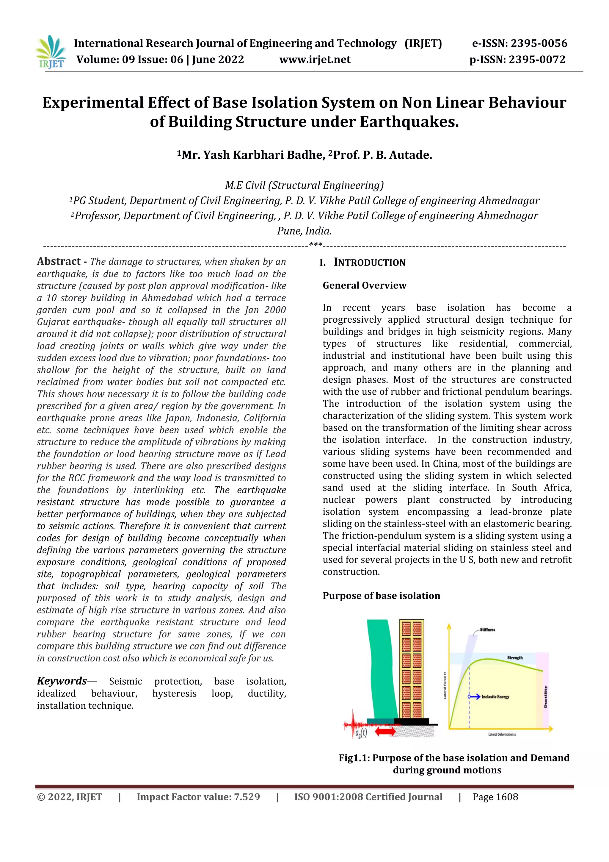 Experimental Effect of Base Isolation System on Non Linear Behaviour of Building Structure under ...