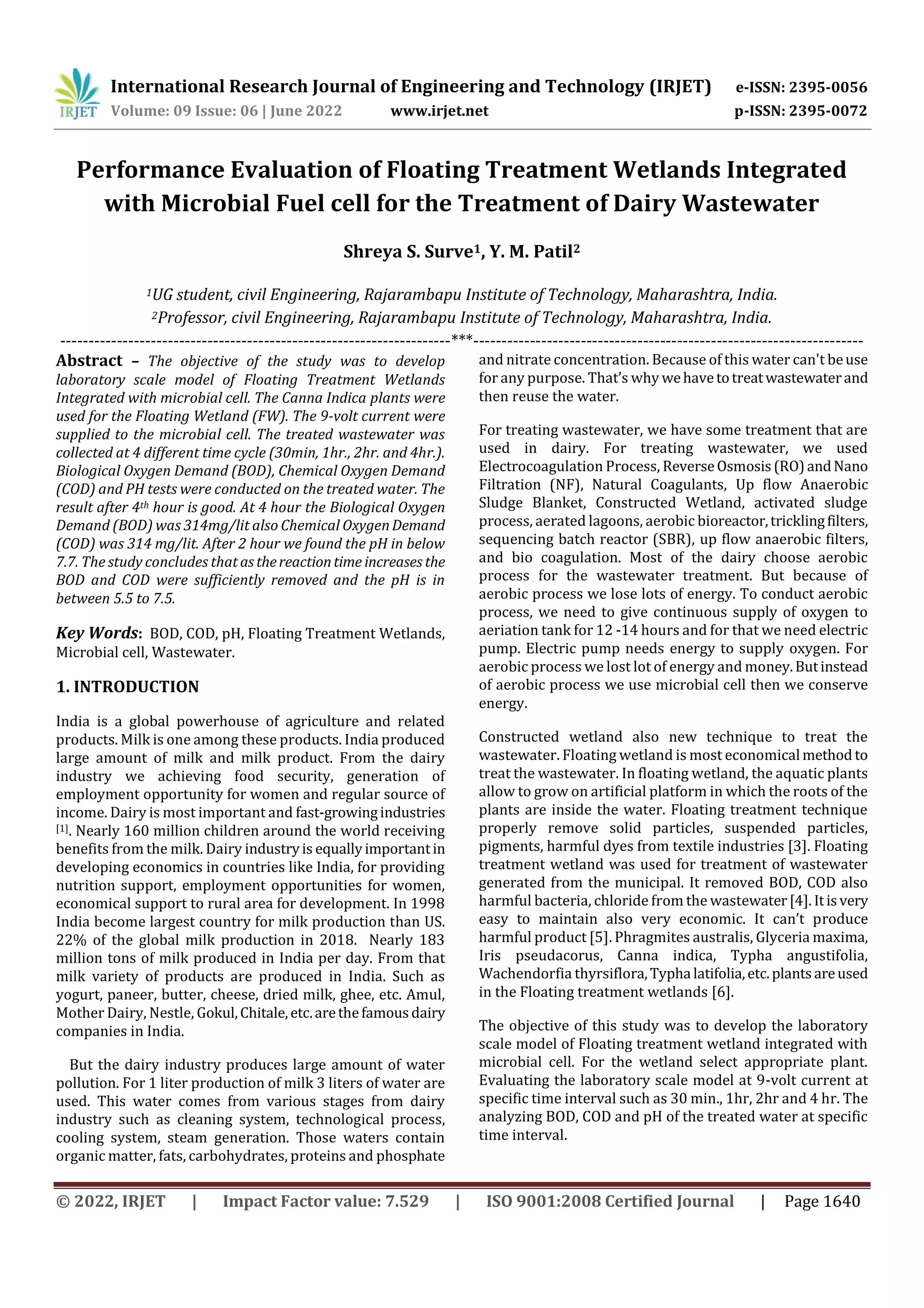 Performance Evaluation Of Floating Treatment Wetlands Integrated With Microbial Fuel Cell For