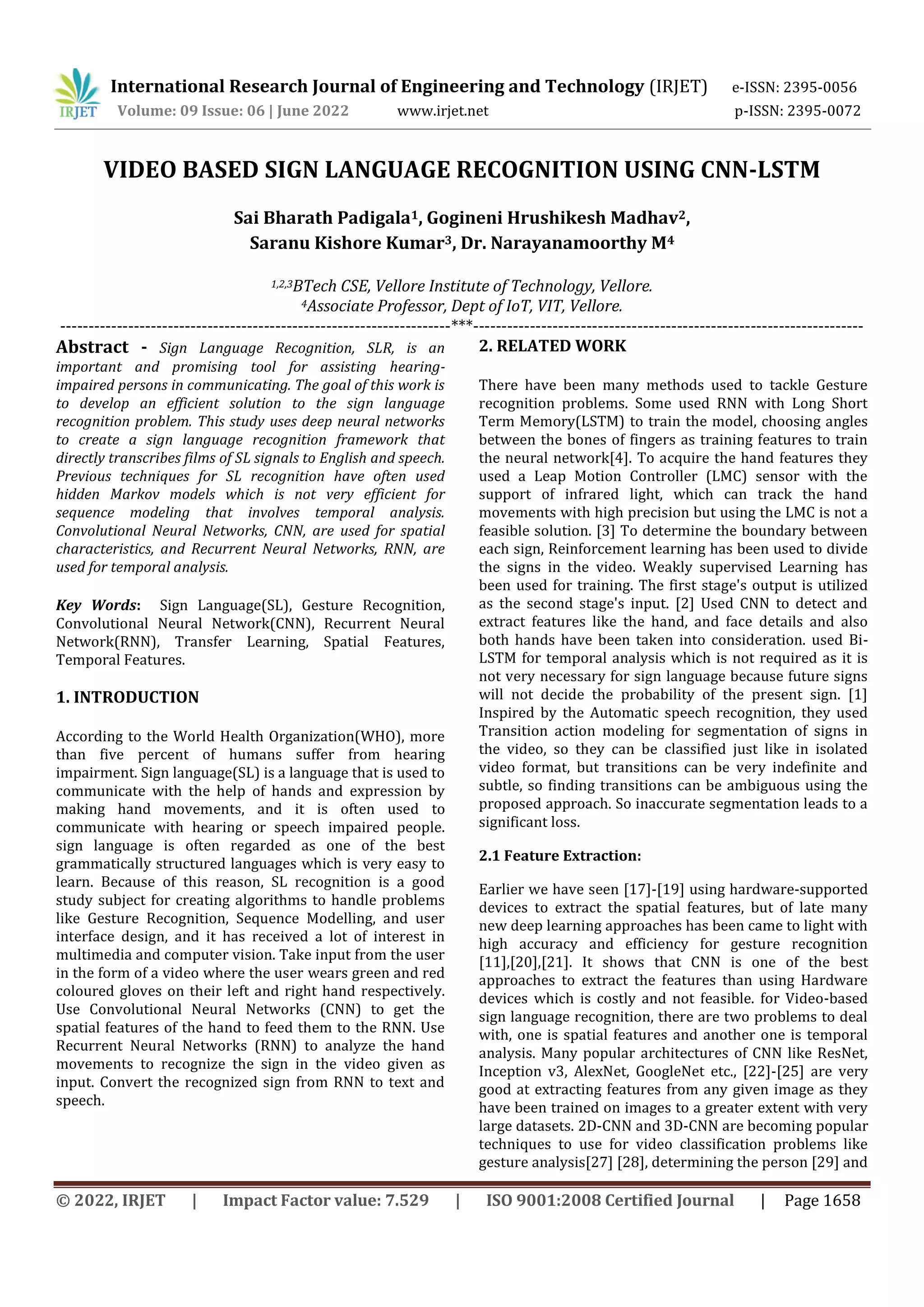 VIDEO BASED SIGN LANGUAGE RECOGNITION USING CNN-LSTM | PDF